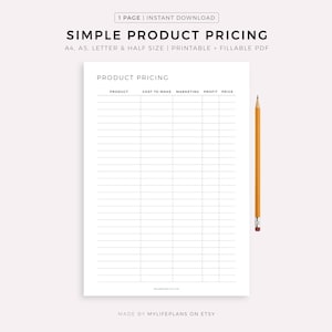 Simple Product Pricing Printable, Product Pricing Calculator, Item ...