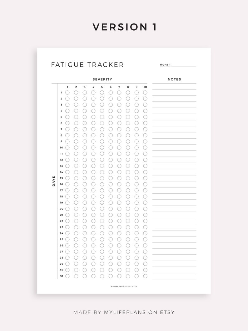Monthly Fatigue Tracker Printable Template, Track Daily Fatigue ...