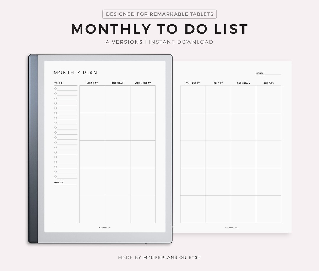 Remarkable 2 Monthly to Do List on Two Pages, Productivity Monthly ...
