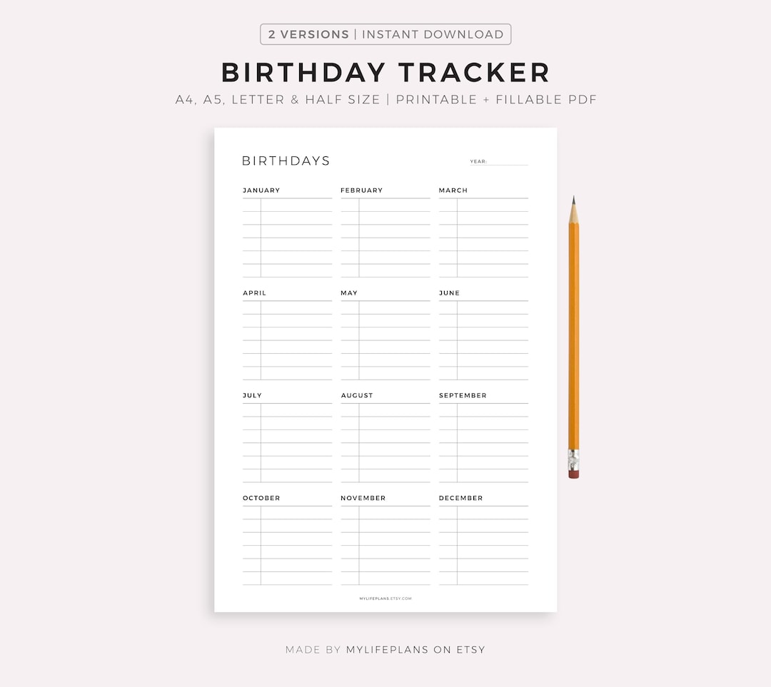 Birthday Tracker Printable Template, Birthday Calendar, Birthday ...