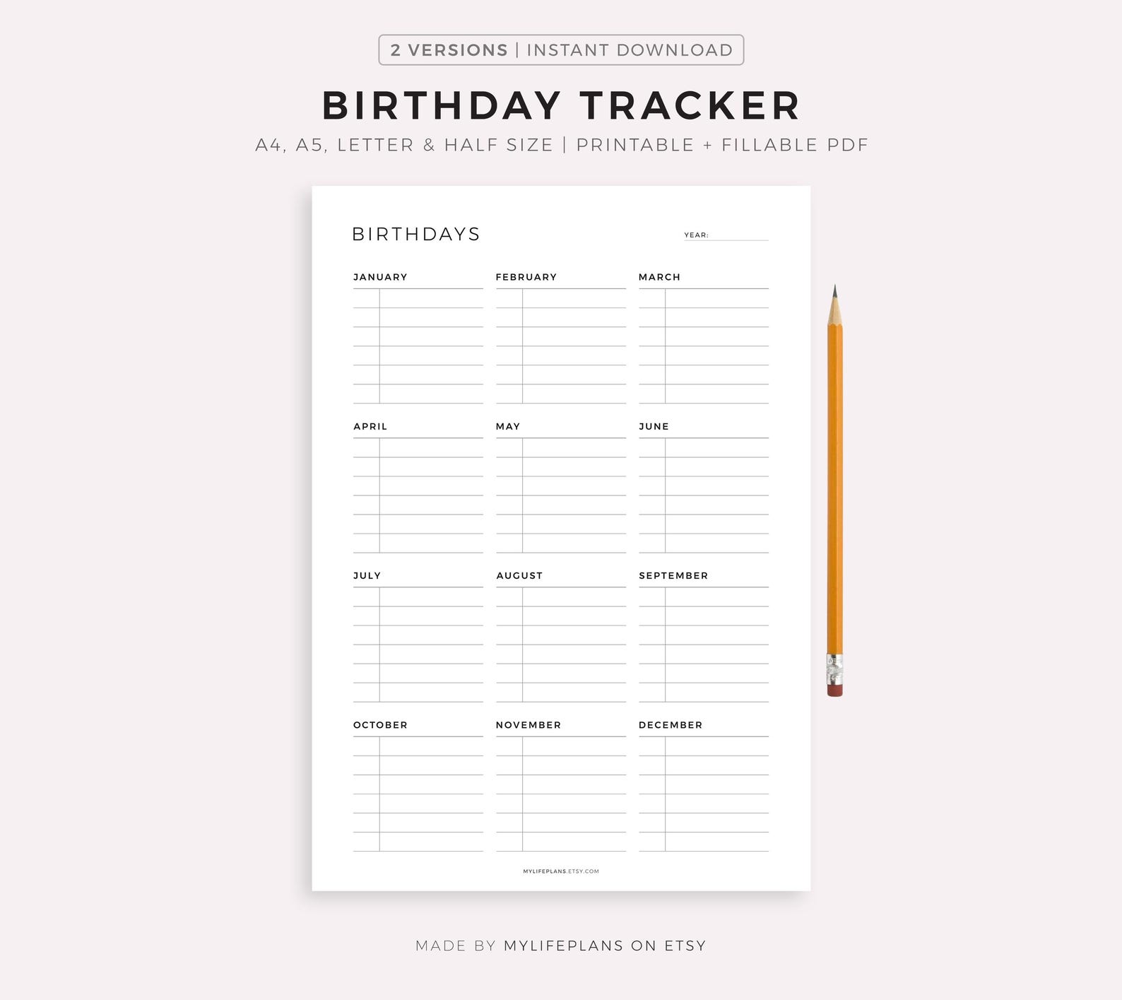 Birthday Tracker Printable Template, Birthday Calendar, Birthday ...