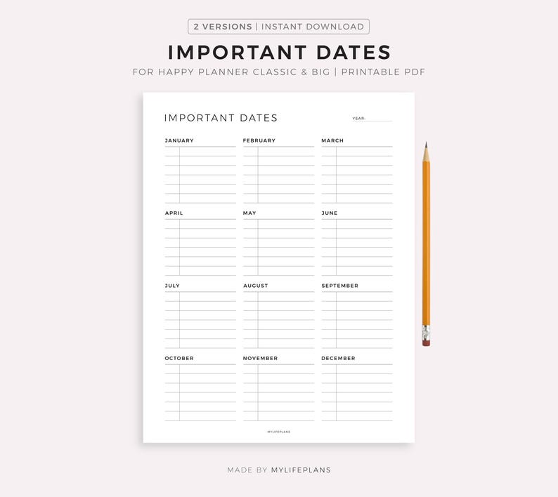 Yearly Important Dates Printable for Happy Planner Classic & Big ...