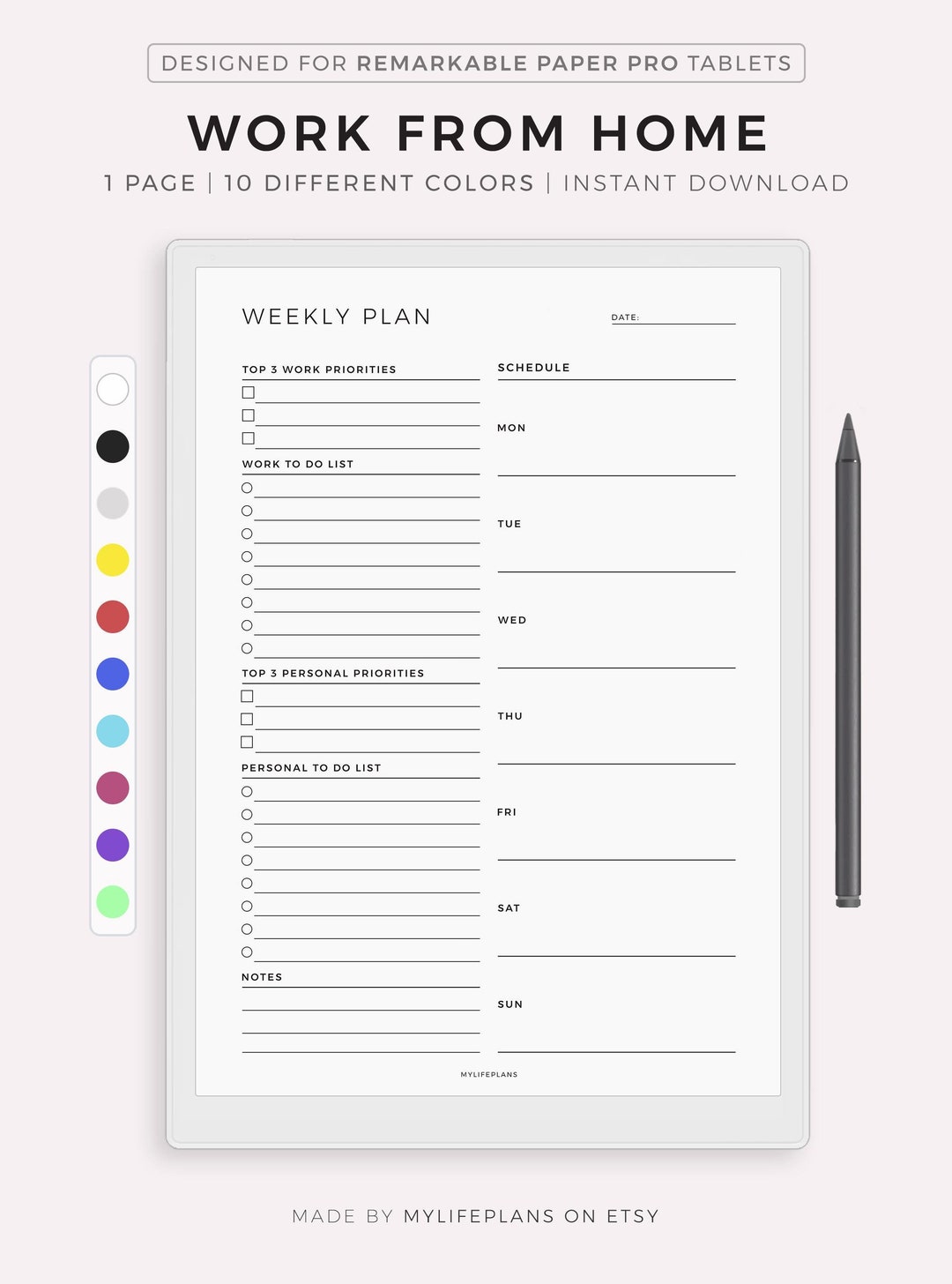 Work From Home Weekly Planner for Remarkable Paper Pro, Instant ...