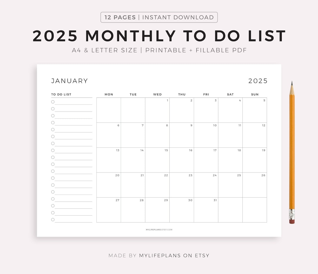 2025 Monthly to Do List Landscape, Monthly Organizer, Month at a Glance ...