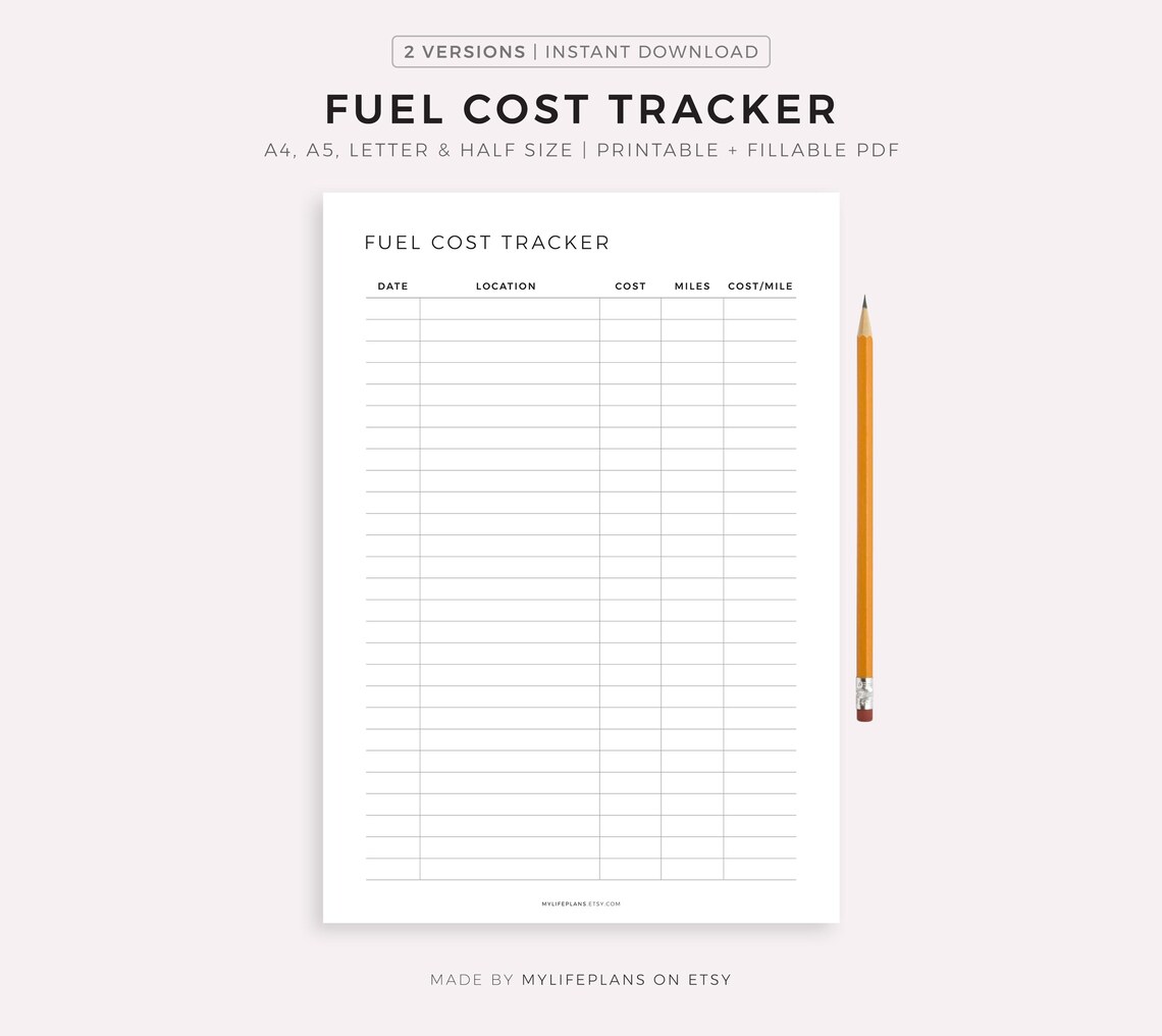 Fuel Cost Tracker Printable & Fillable, Vehicle Fuel Cost per Mile ...