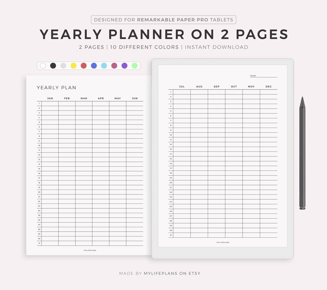 2 Page Yearly Planner for Remarkable Paper Pro, Instant Download - Etsy