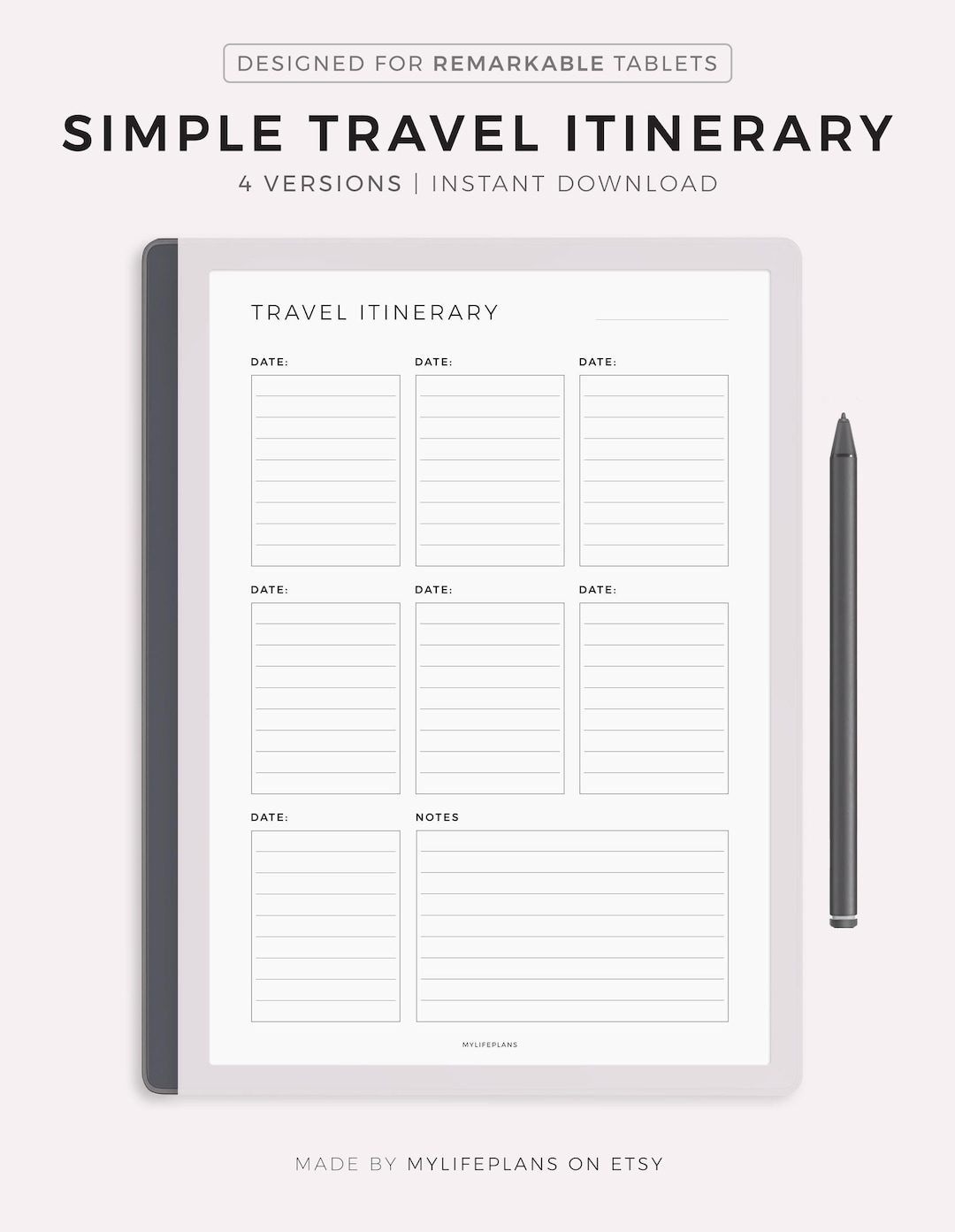 Simple Travel Itinerary for Remarkable 2, Travel Planner Template ...