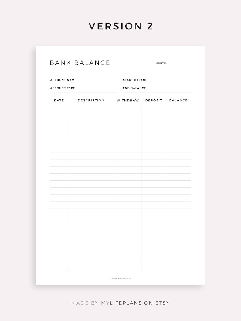 Bank Balance Sheet Printable Bank Account Transactions - Etsy