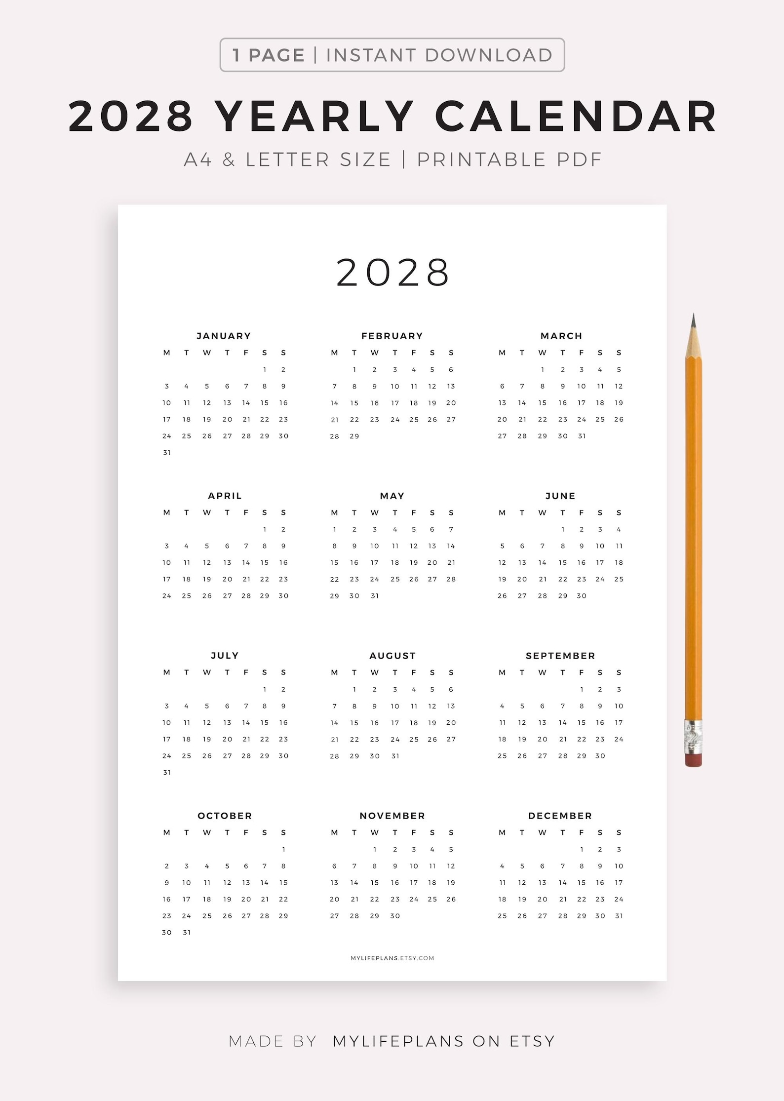 2028 Year Calendar Printable, Yearly Wall Calendar, Desk Calendar ...