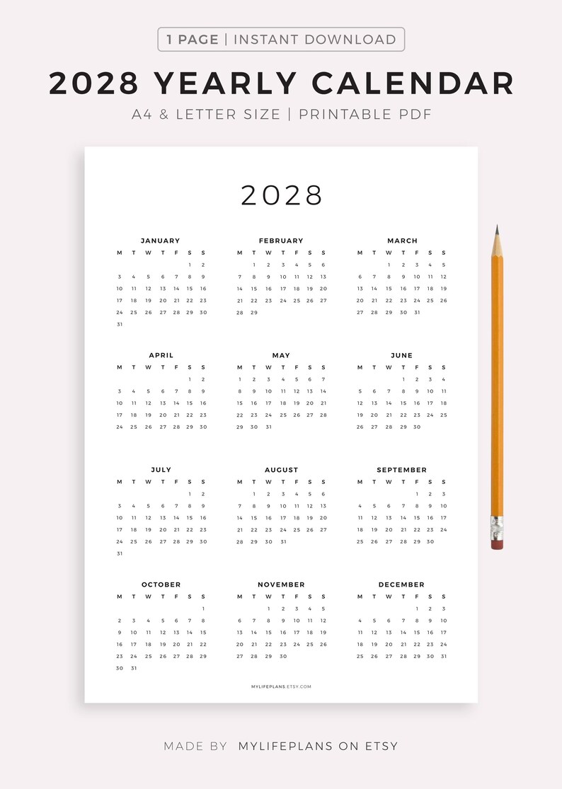 2028 Year Calendar Printable, Yearly Wall Calendar, Desk Calendar ...