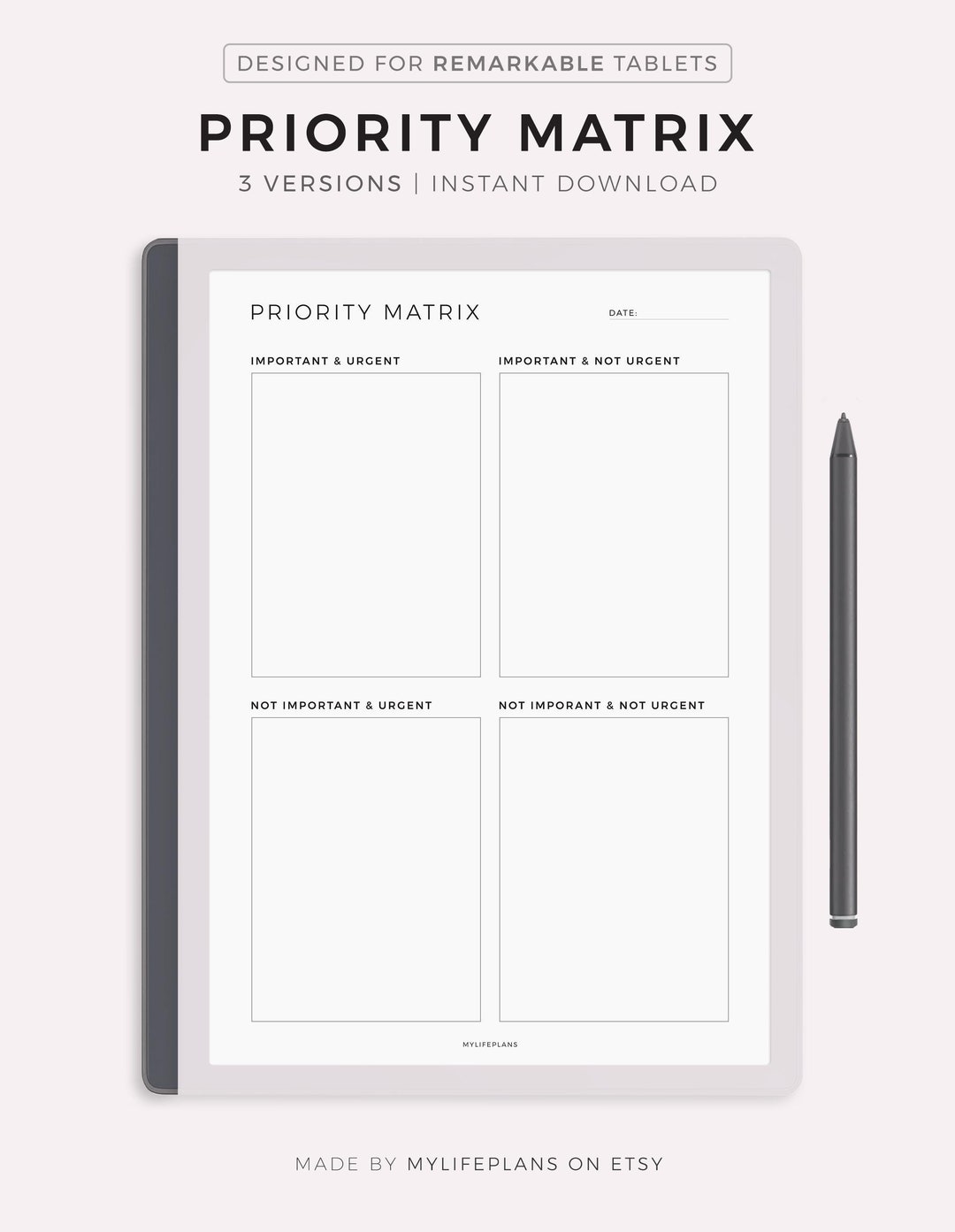 Priority Matrix Planner for Remarkable 2, Decision Matrix, Eisenhower ...