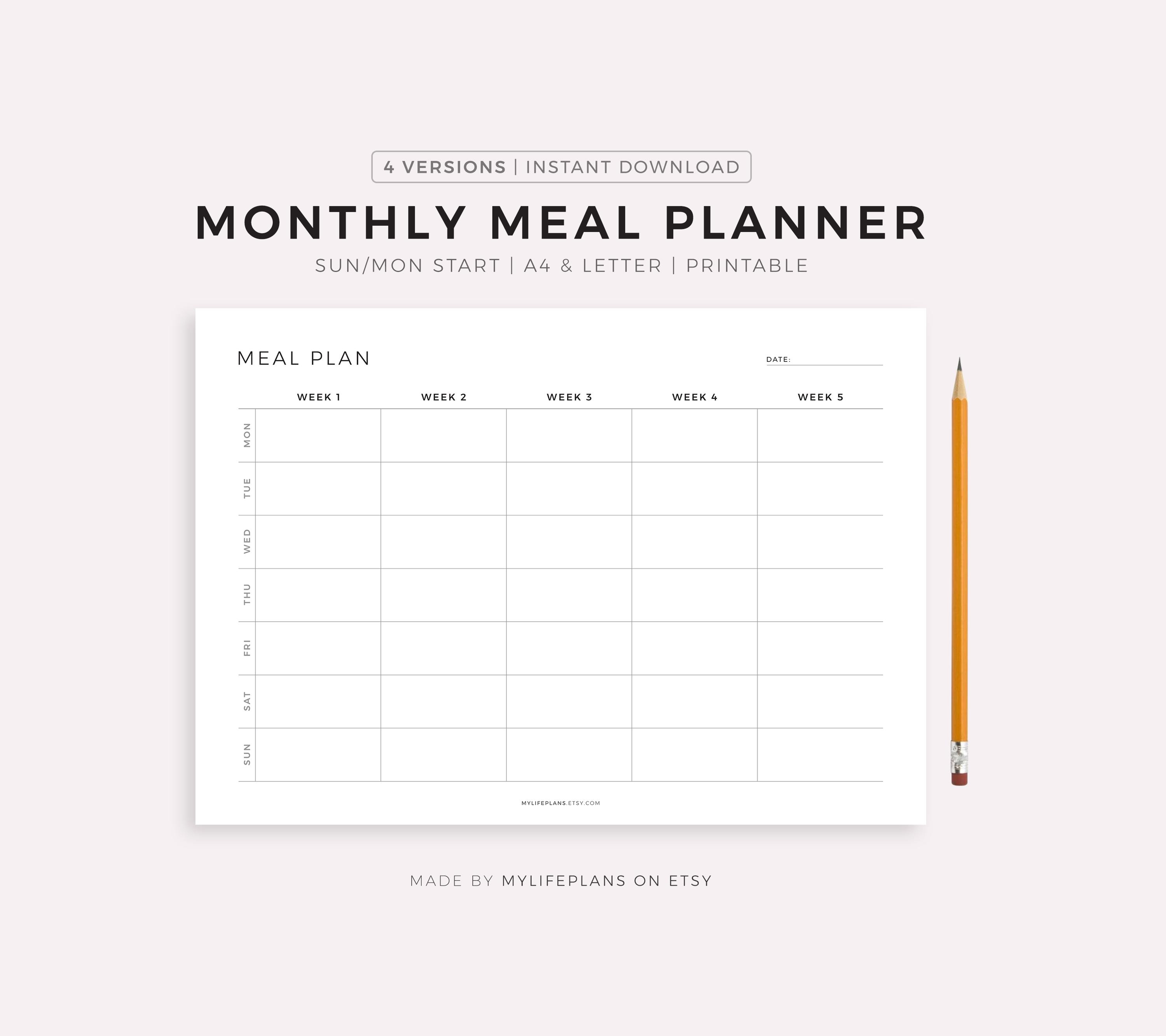 Monthly Meal Planner Printable Landscape, 30 Day Menu Planner, Food ...