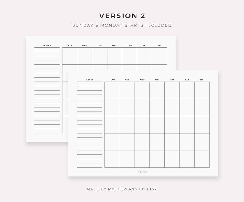 Blank Monthly Calendar for Remarkable Paper Pro, Landscape, Instant ...