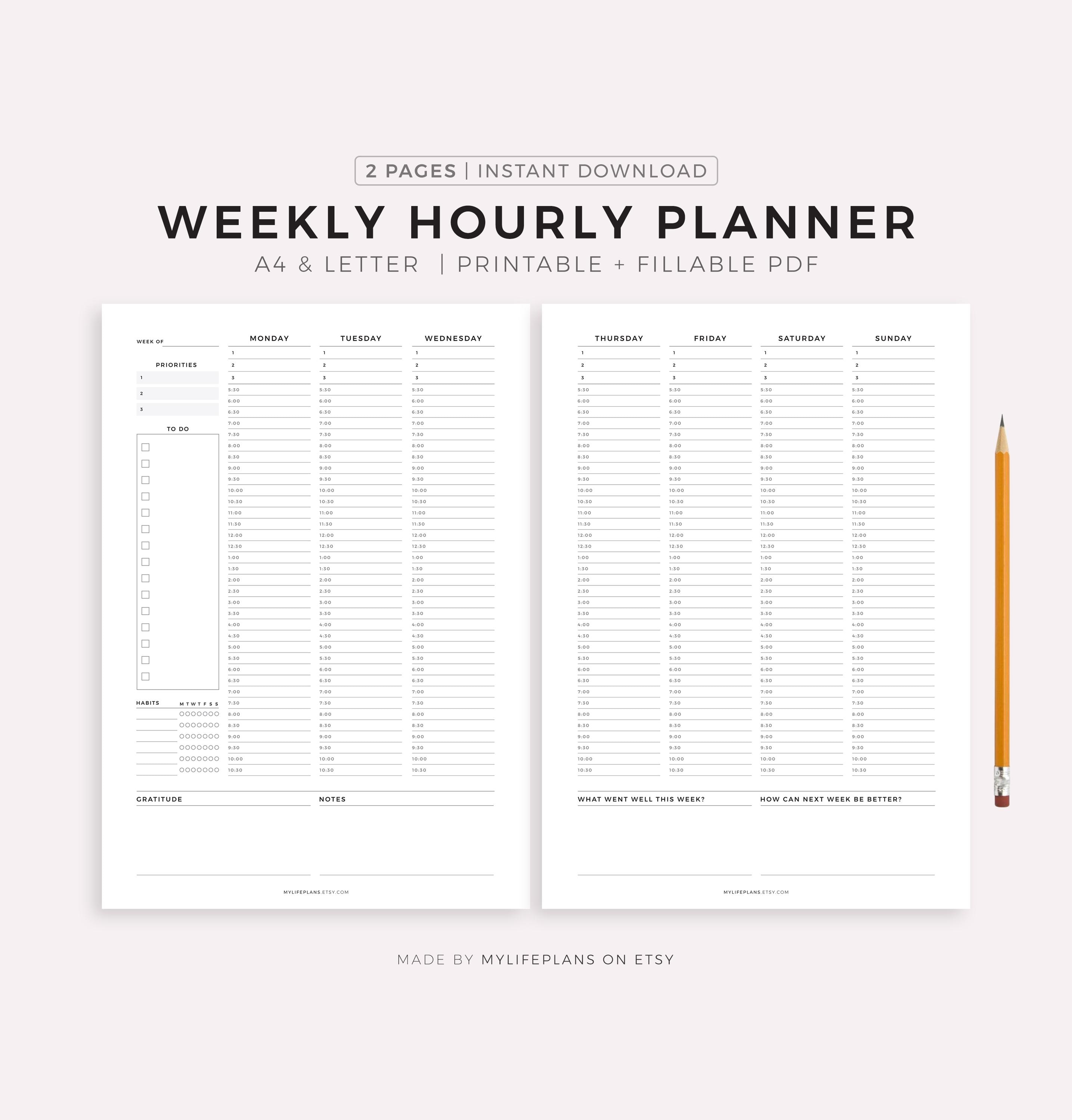 Weekly Hourly Planner Printable, Weekly Schedule, Daily Planner, Weekly ...