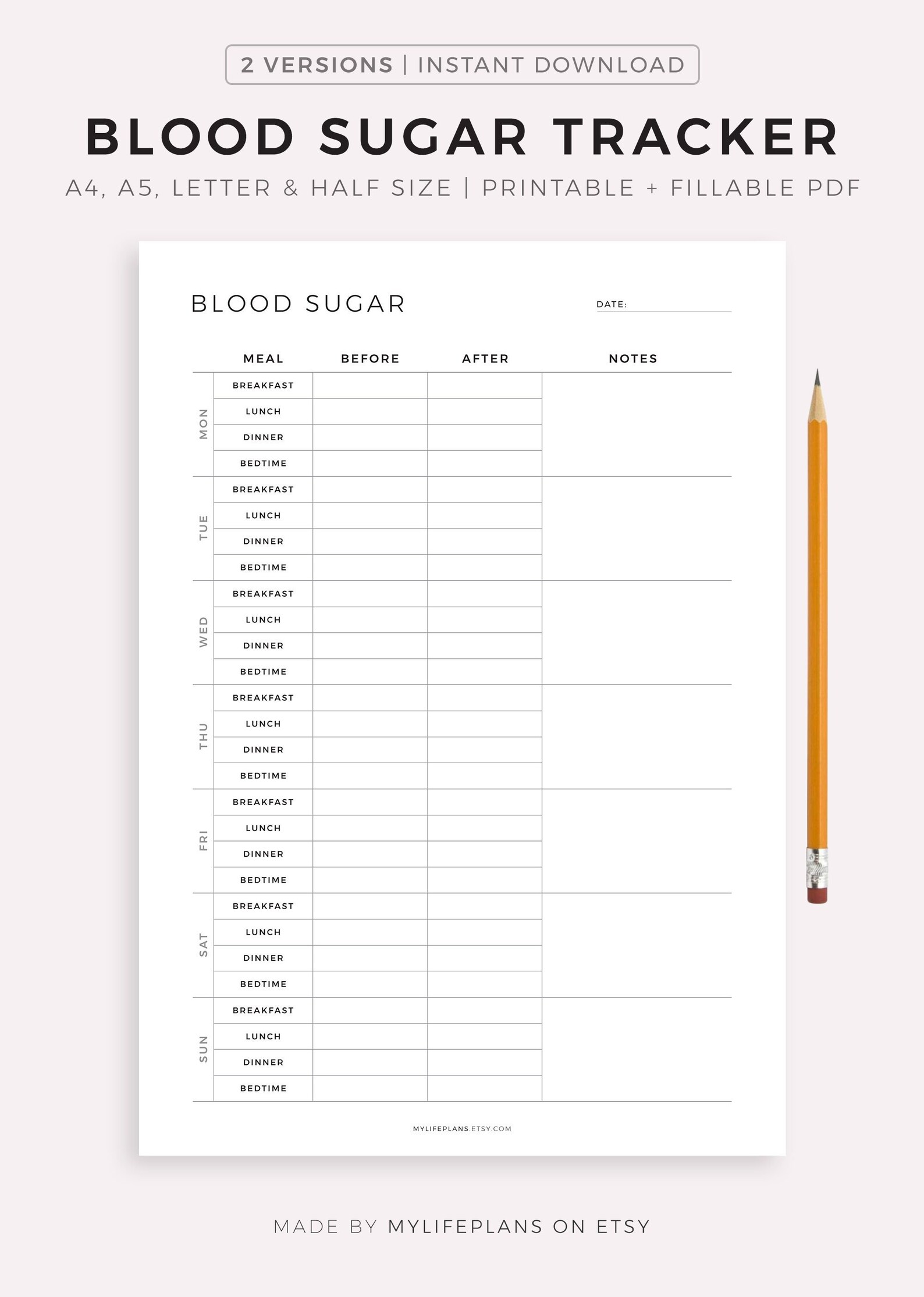 Blood Sugar Tracker Printable Template Blood Glucose Tracker - Etsy