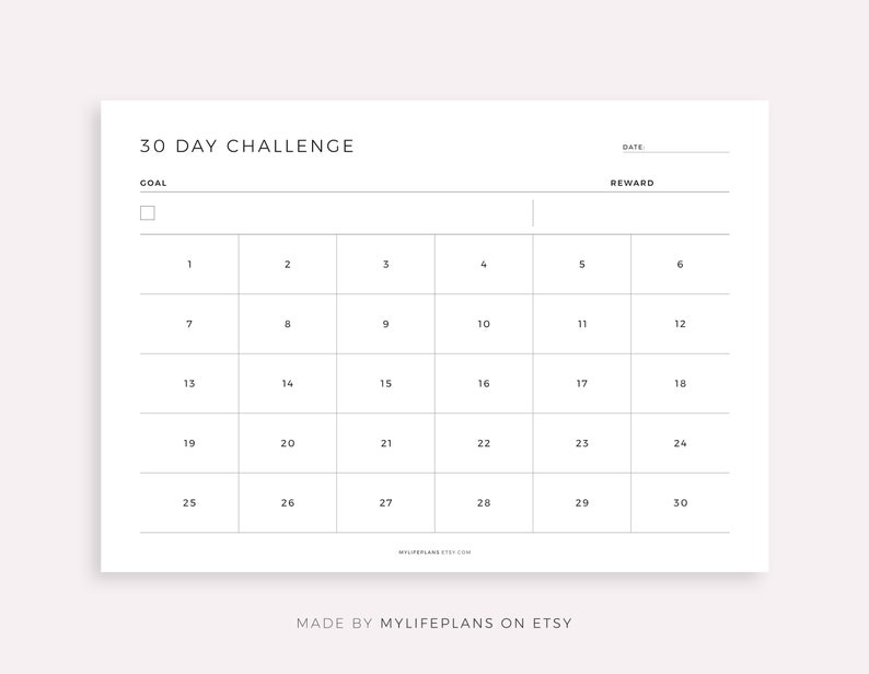 30 Day Challenge Printable Landscape, Goal Setting, Progress Tracker ...