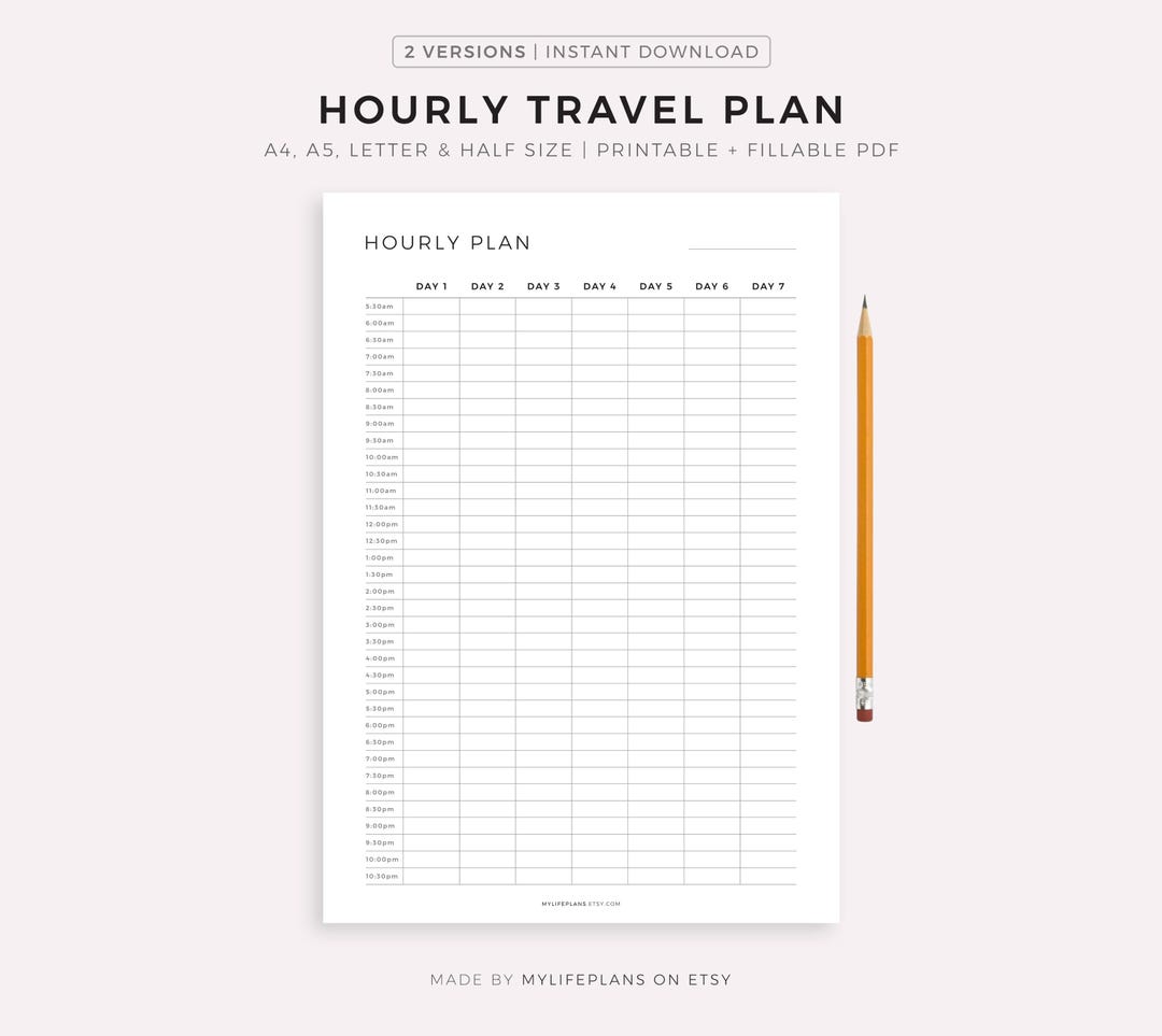 Hourly Travel Planner, Travel Schedule, Vacation Day Planner, Travel ...