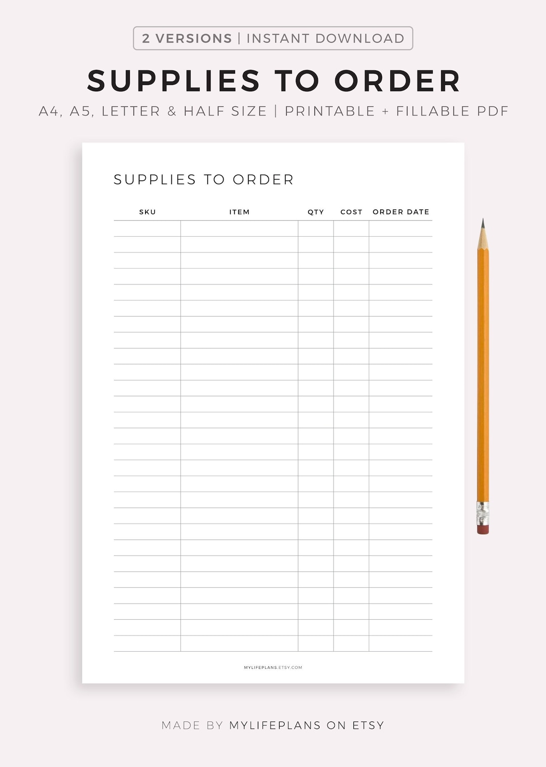 Supplies to Order Tracker Printable, Supplies Management Form, Small ...