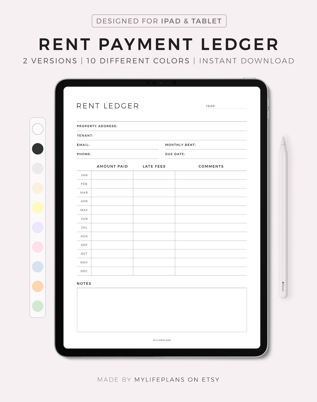 Digital Rent Payment Ledger Template, Tenant Payment Tracker, Monthly ...