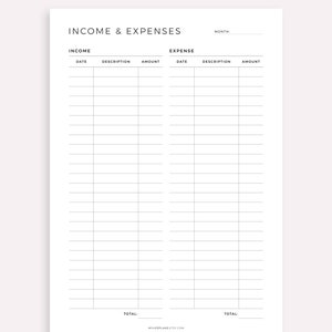 Income & Expense Tracker on One Page, Financial Planner Printable ...