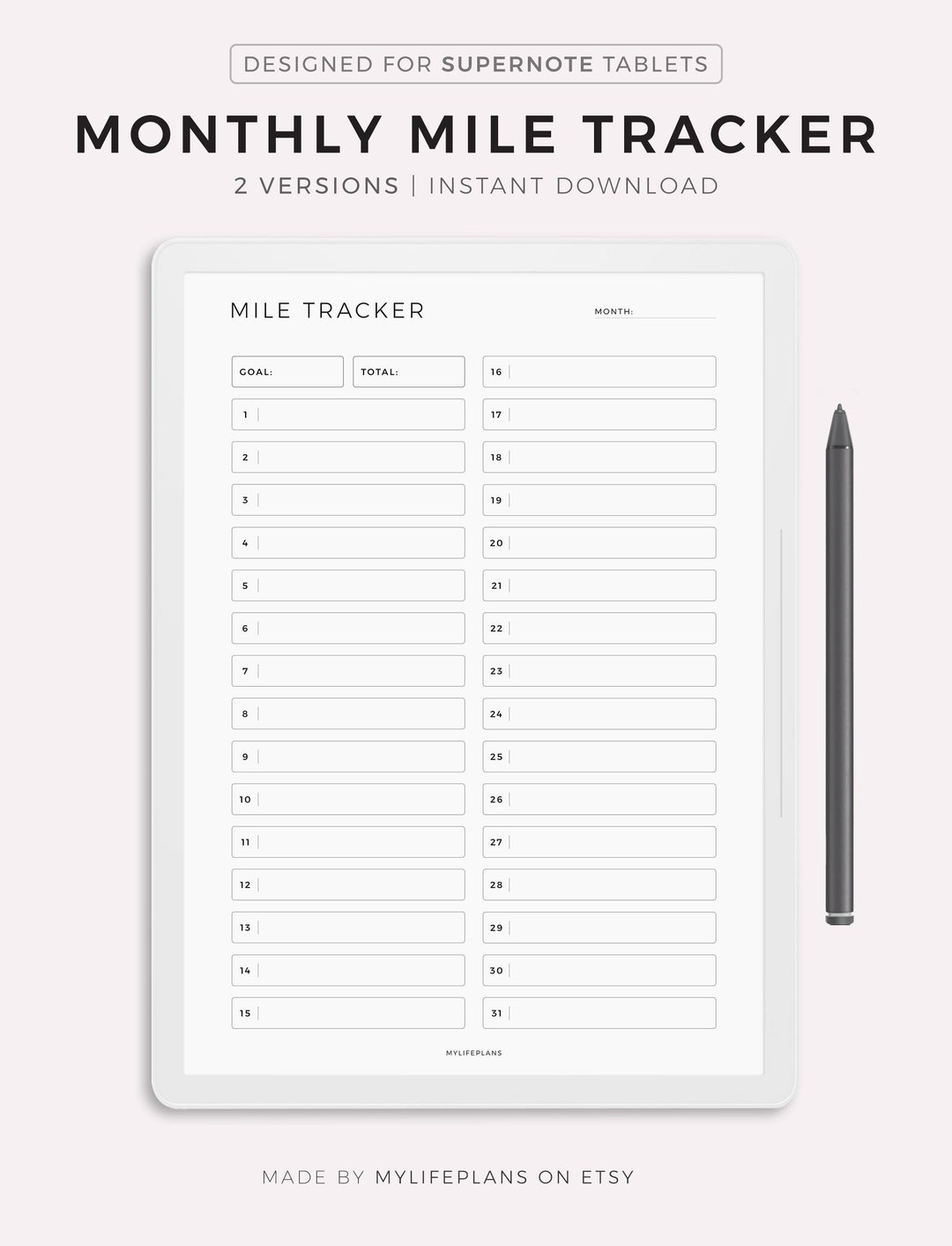 Monthly Mile Tracker for Supernote A5X2/A5X/A5/A6X2/A6X/A6, Running ...