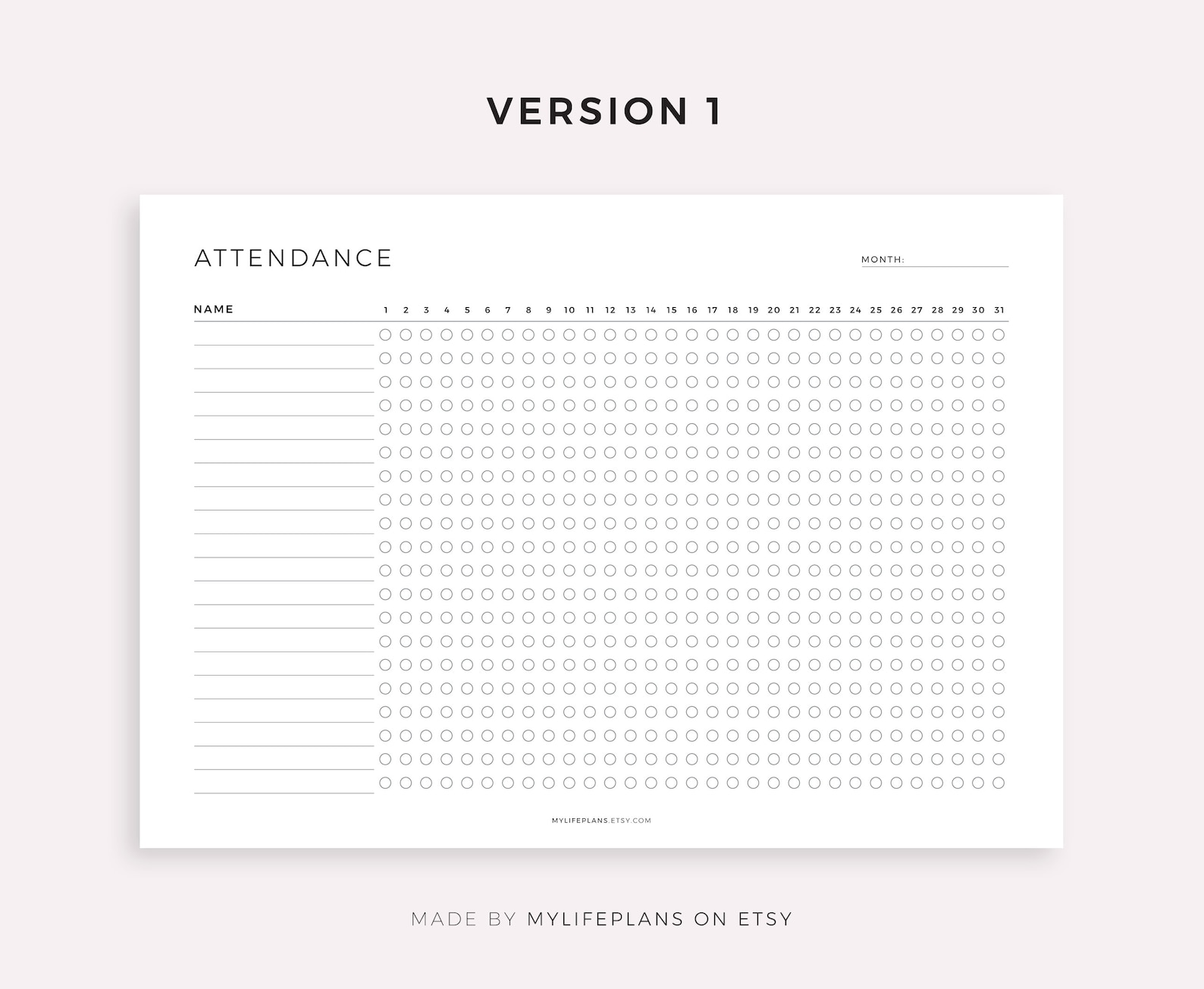 Monthly Employee Attendance Log Printable Landscape - Working Days ...