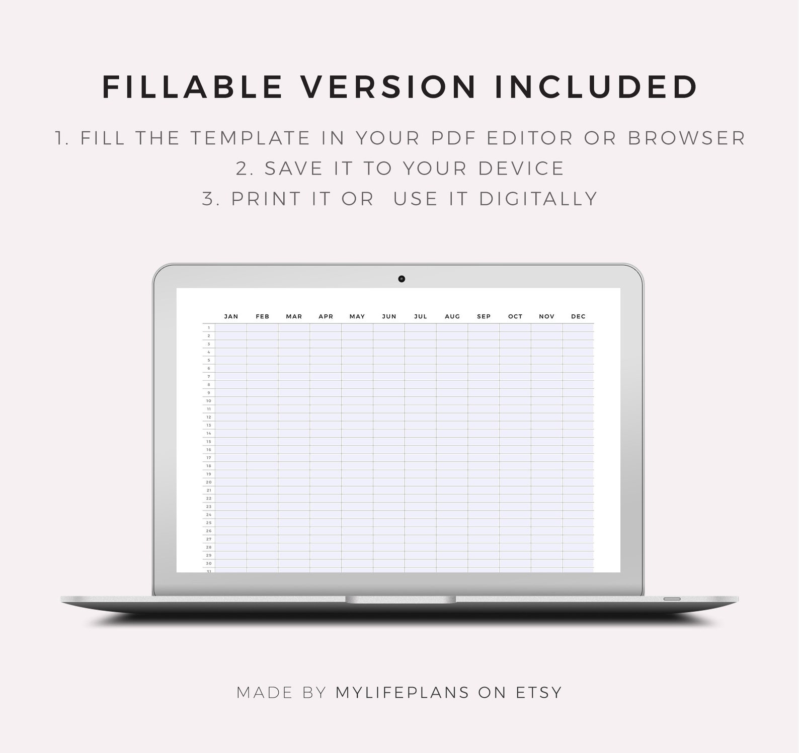 Undated Year Calendar Printable & Fillable Year at a Glance | Etsy