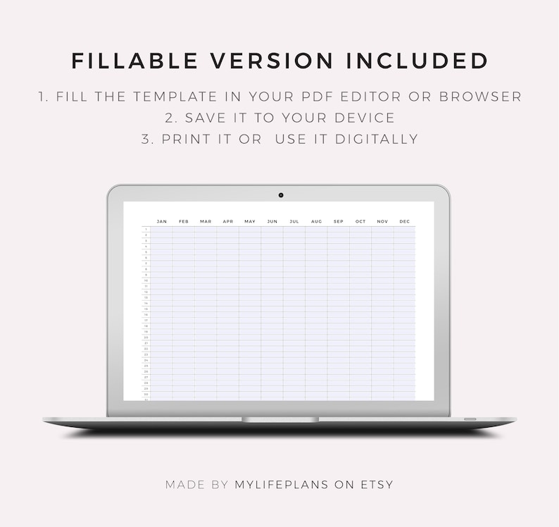 Undated Year Calendar Printable & Fillable Year at a Glance | Etsy