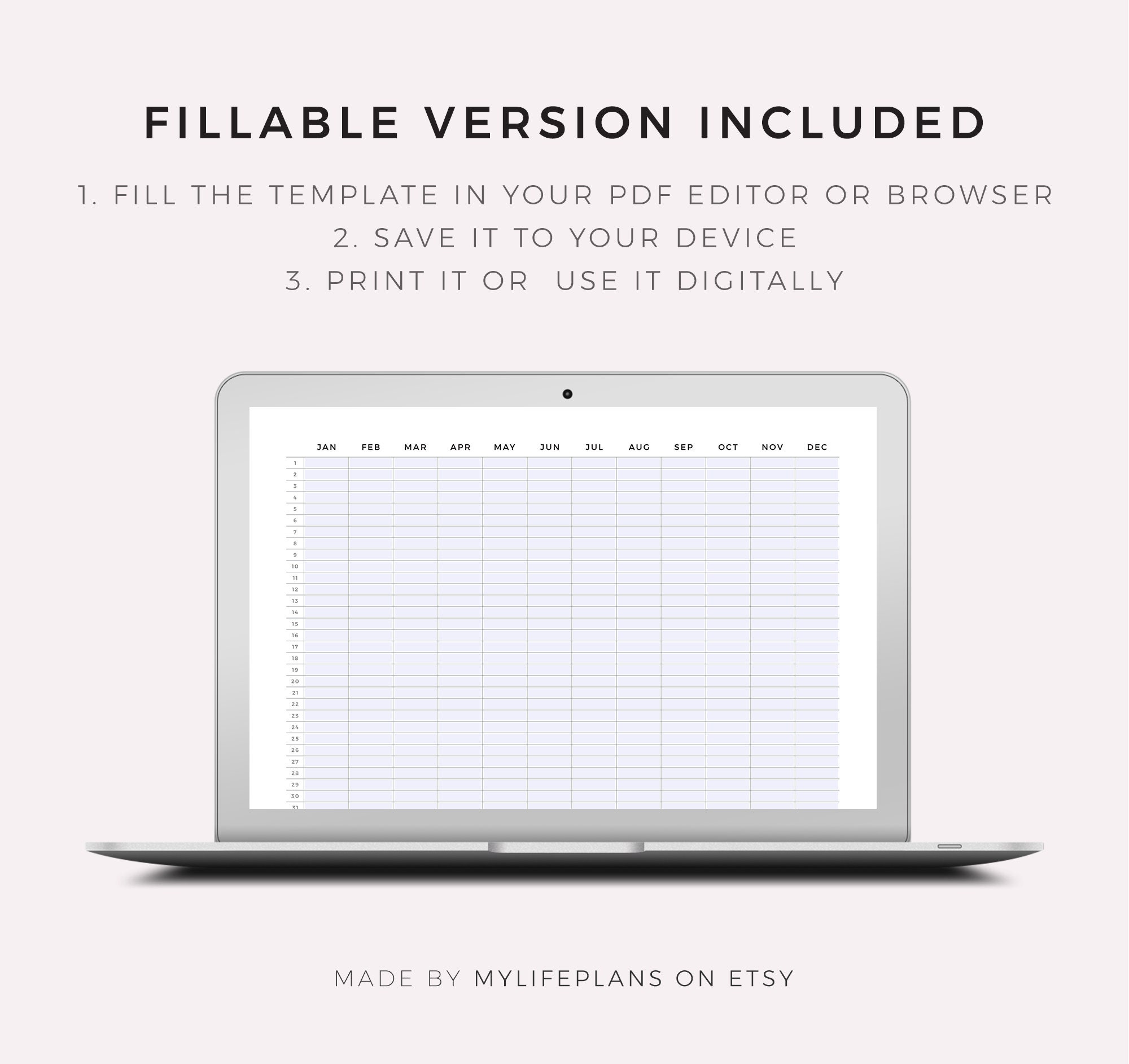 Undated Year Calendar Printable & Fillable Year at a Glance - Etsy