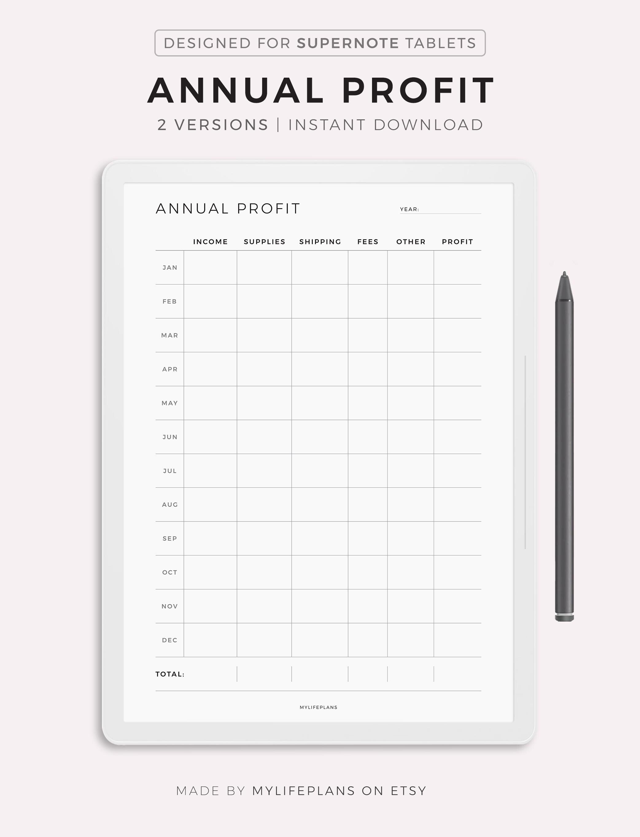 Annual Profit Tracker for Supernote A5X2/A5X/A5/A6X2/A6X/A6, Instant ...