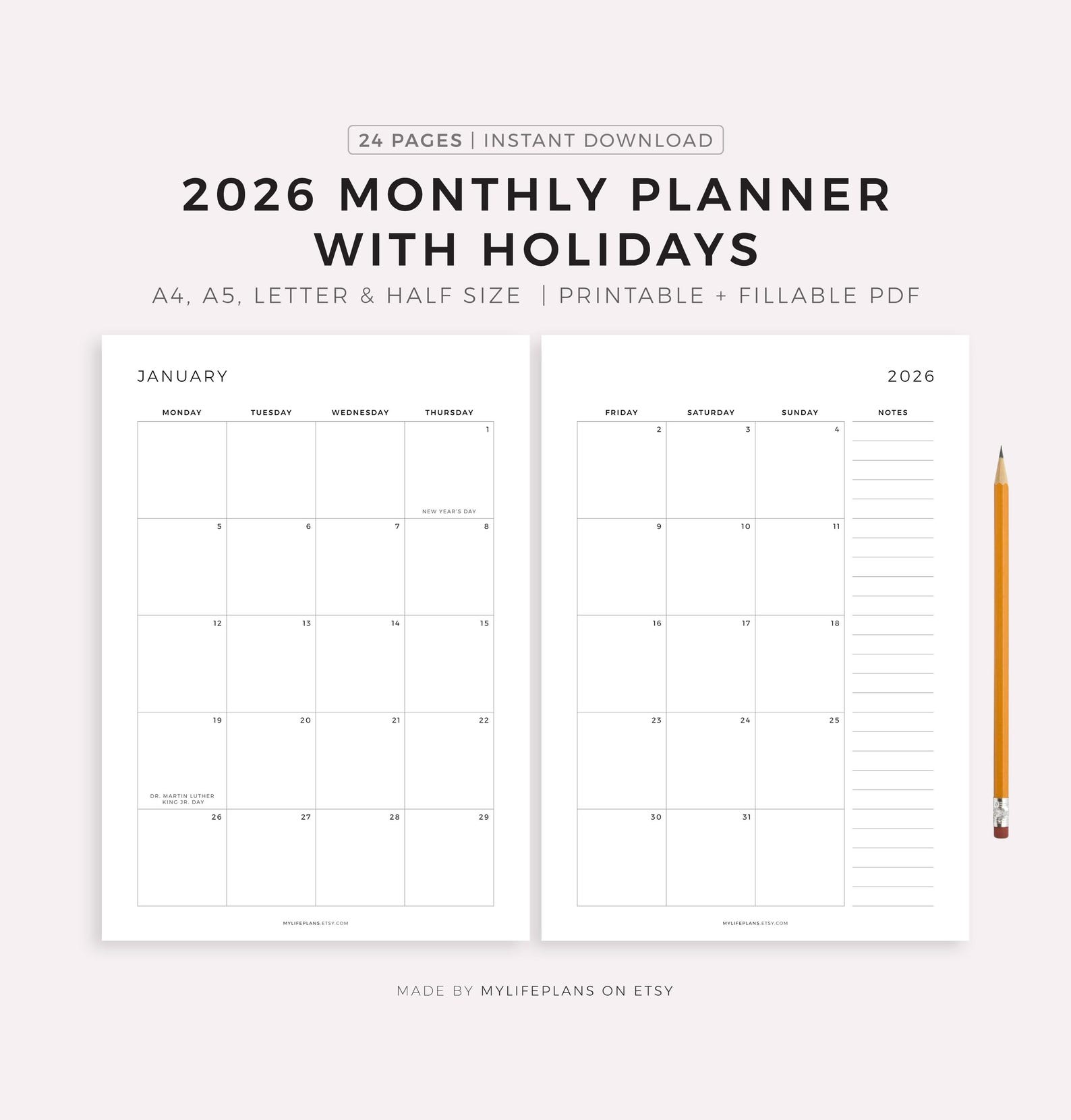 2026 Monthly Planner With Holidays, Dated Month on 2 Pages, Monthly ...