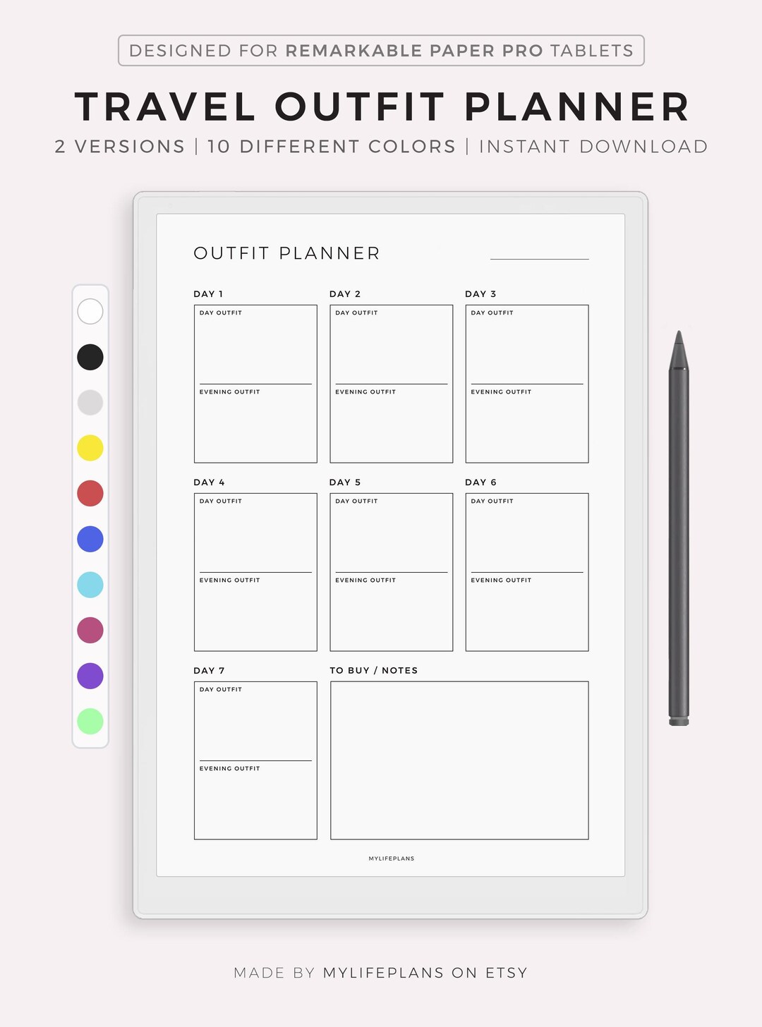Travel Outfit Planner for Remarkable Paper Pro, Daily Outfit Planner ...