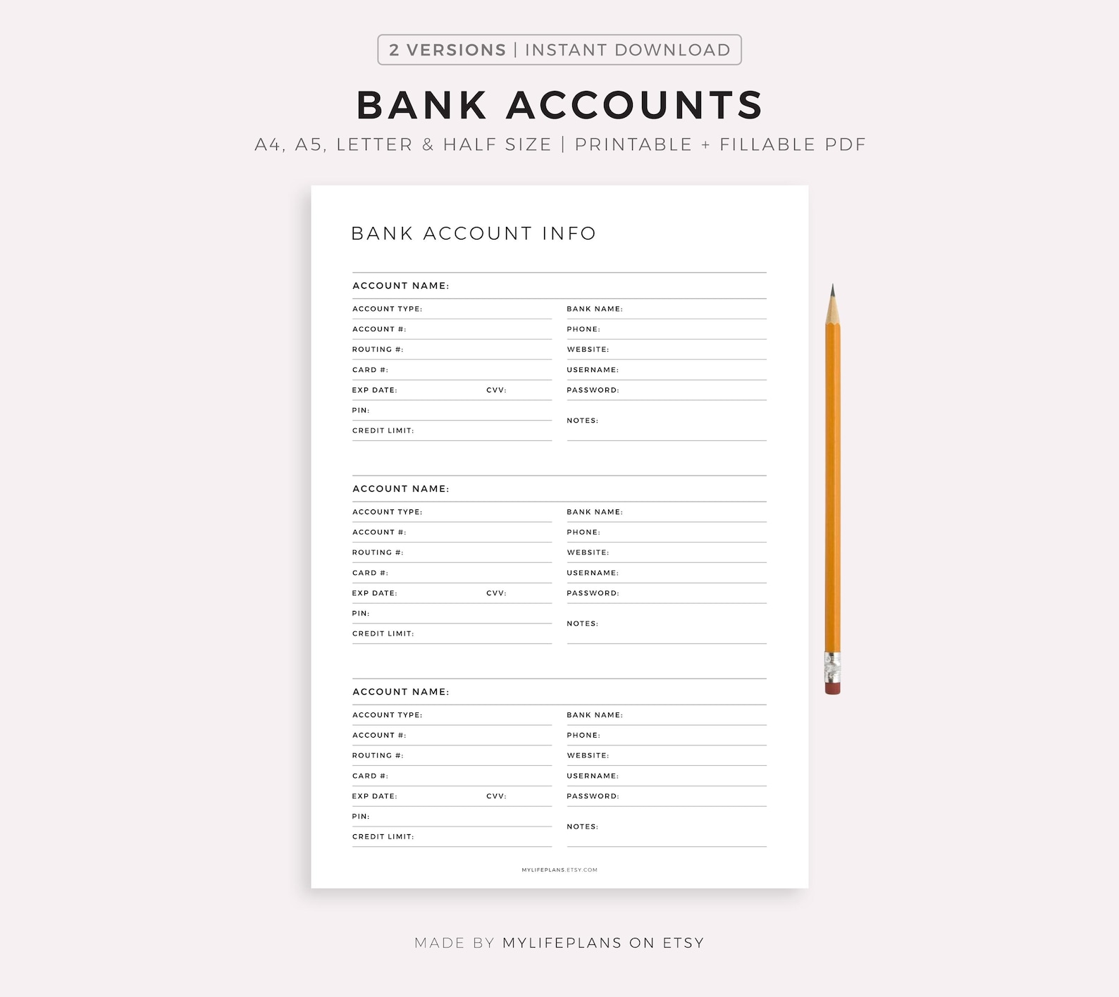 Bank Accounts Tracker Printable Template, Bank Account List, Bank ...
