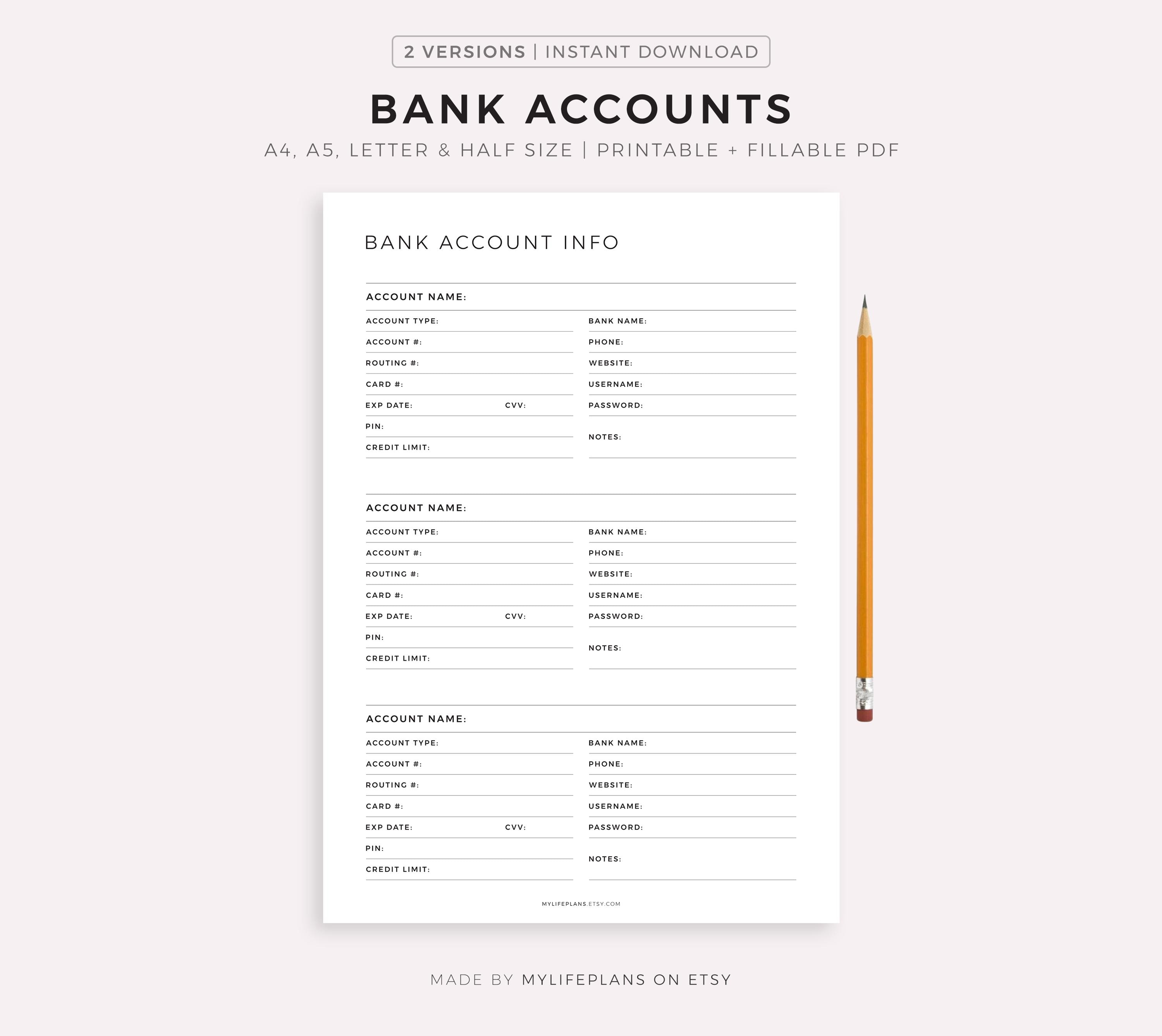 Bank Accounts Tracker Printable Template, Bank Account List, Bank ...