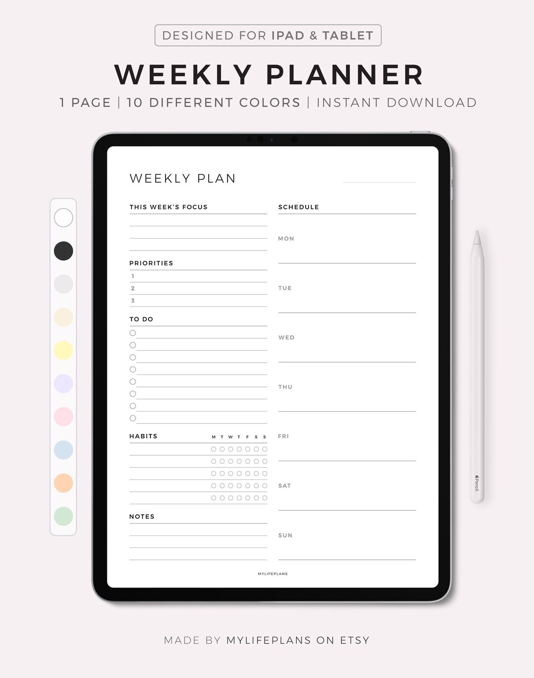 Weekly Planner Digital for Ipad, Weekly Schedule, Weekly to Do List ...