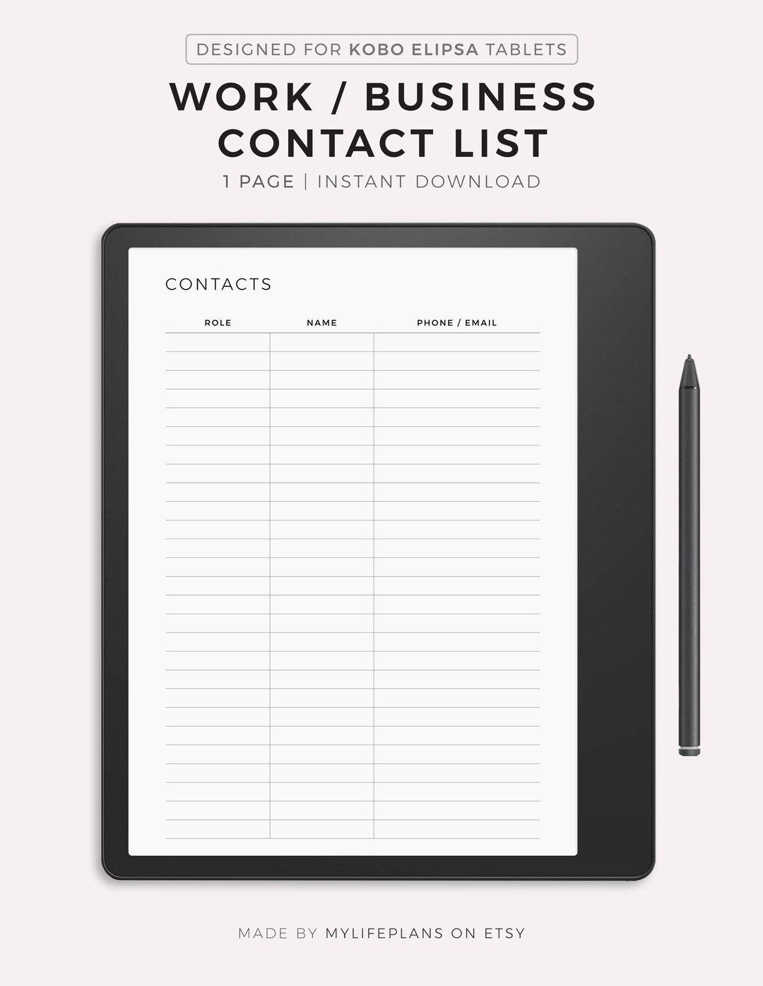 Work / Business Contact List Template, Compatible With Kobo Elipsa 2e ...