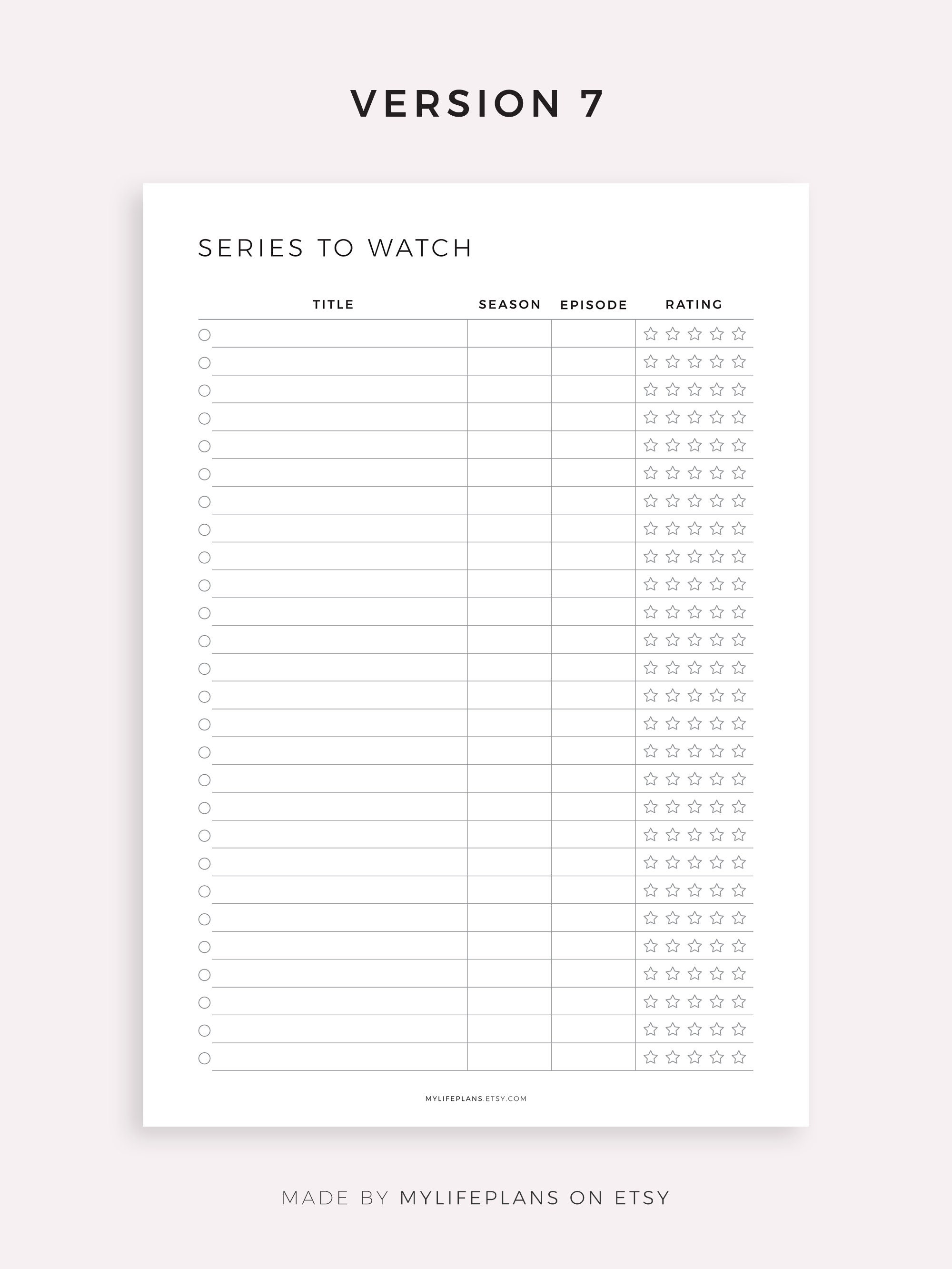 TV Series to Watch List Printable, TV Show List, Season and Episode ...