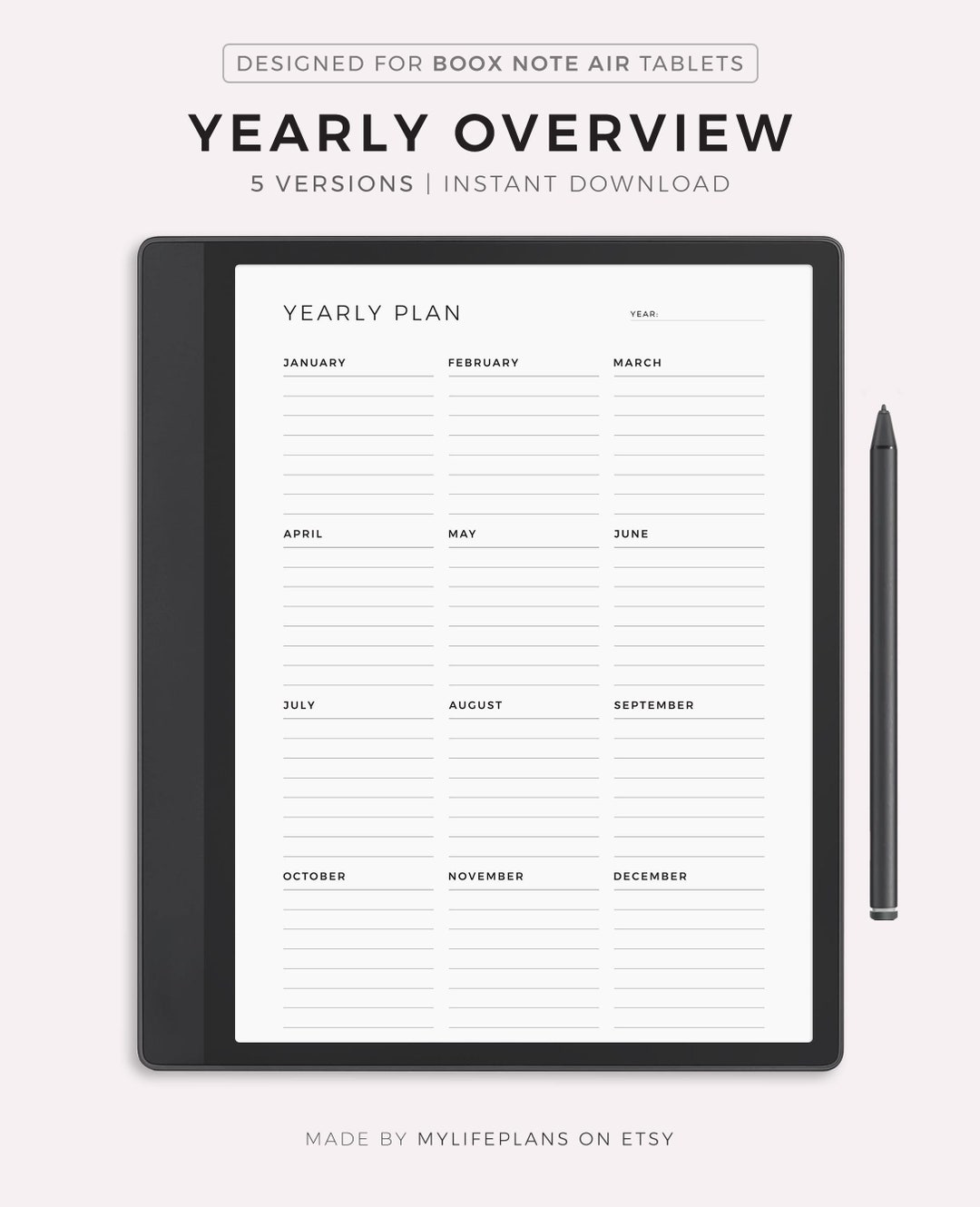 Yearly Overview, Yearly Planner on One Page, Year at a Glance, Undated ...