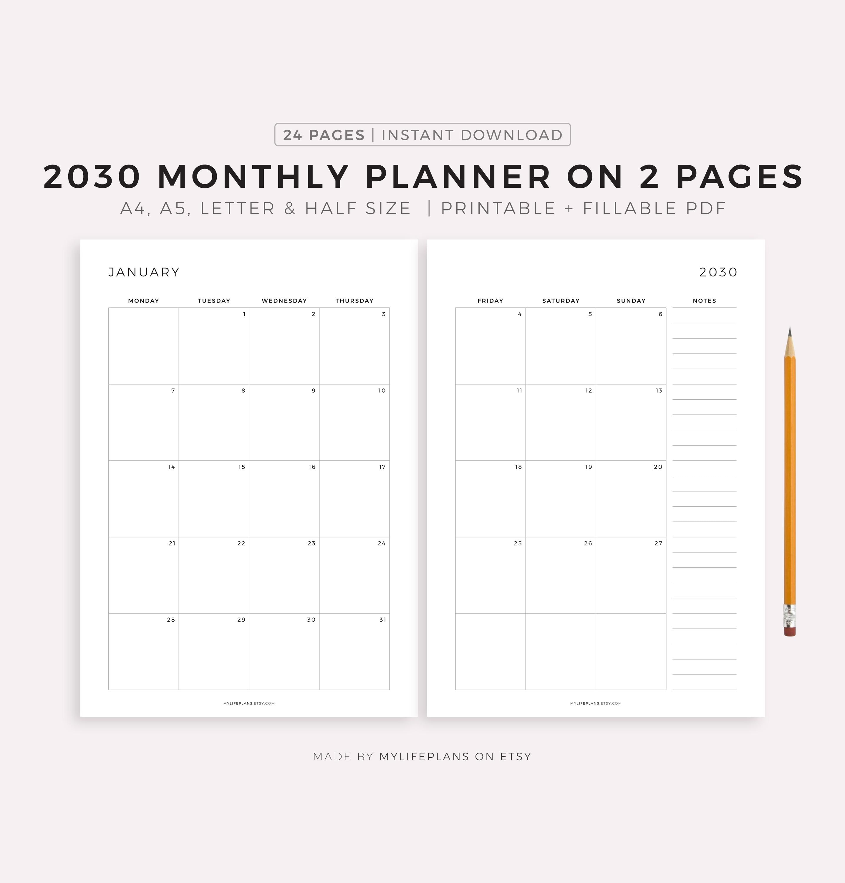 2030 Monthly Planner Printable, Dated Month on 2 Pages, 2030 Calendar ...
