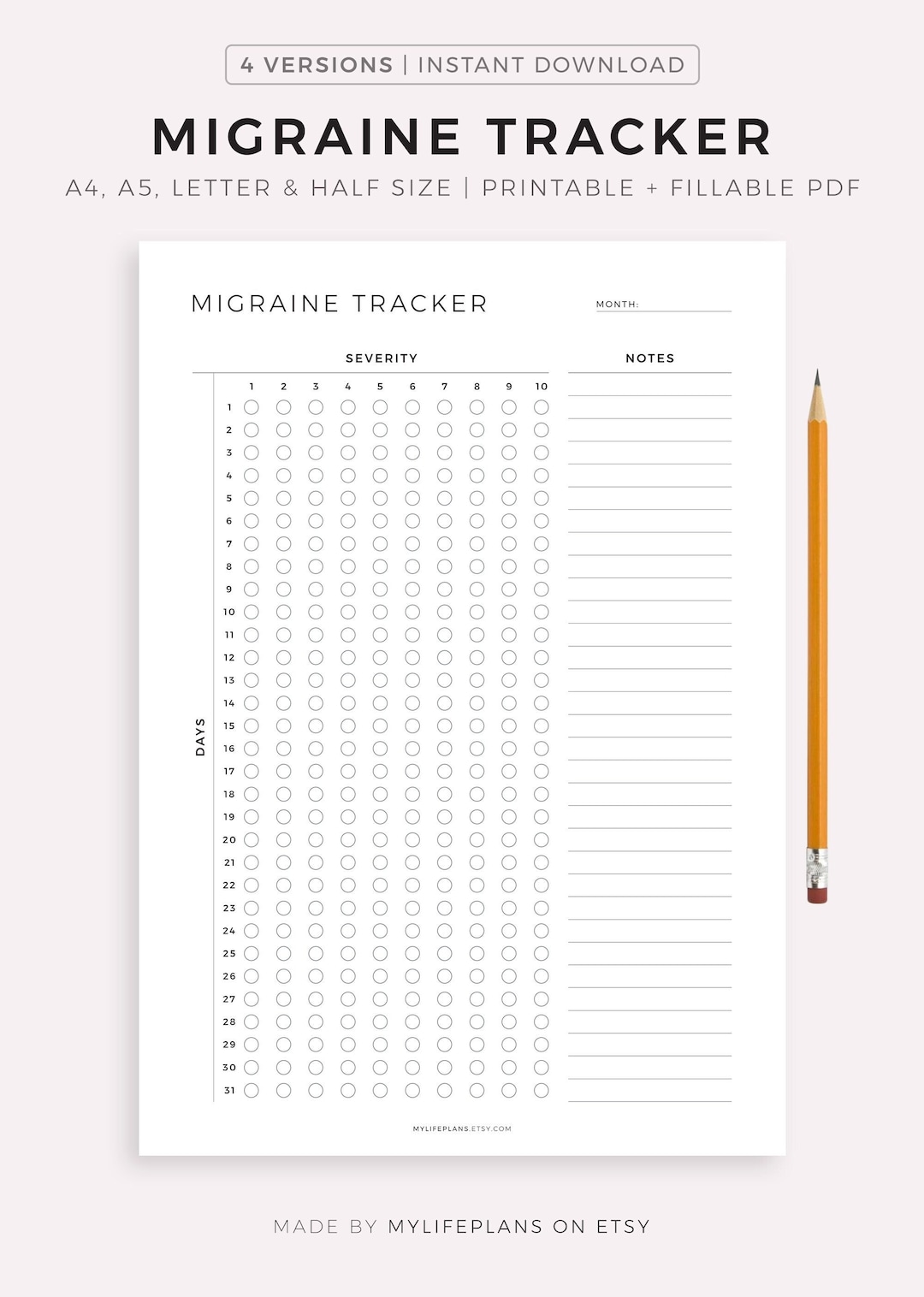 Monthly Migraine Tracker Printable Template, Headache Pain Tracker ...