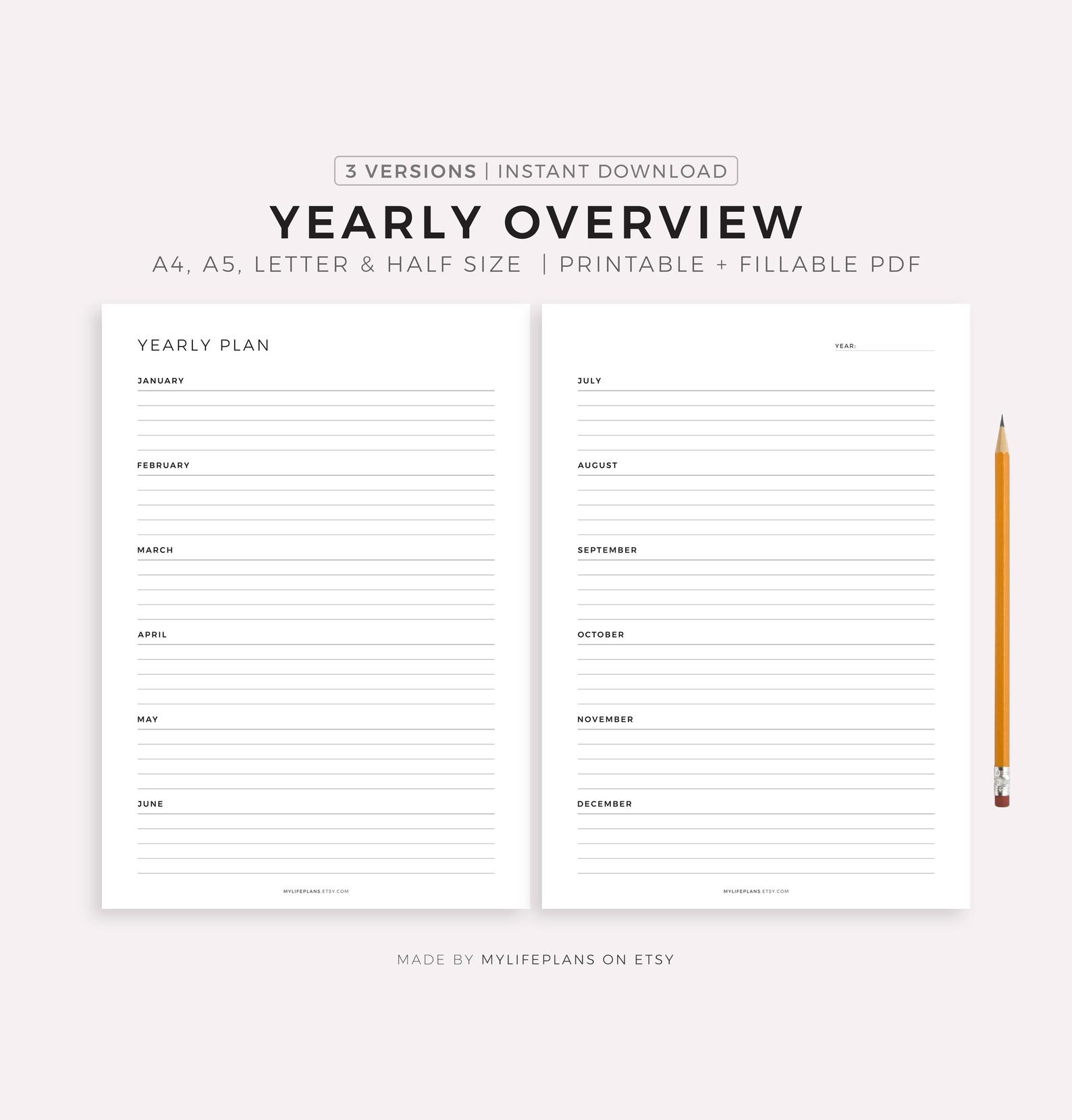 Yearly Overview, Two Page Yearly Planner Printable, Year at a Glance ...