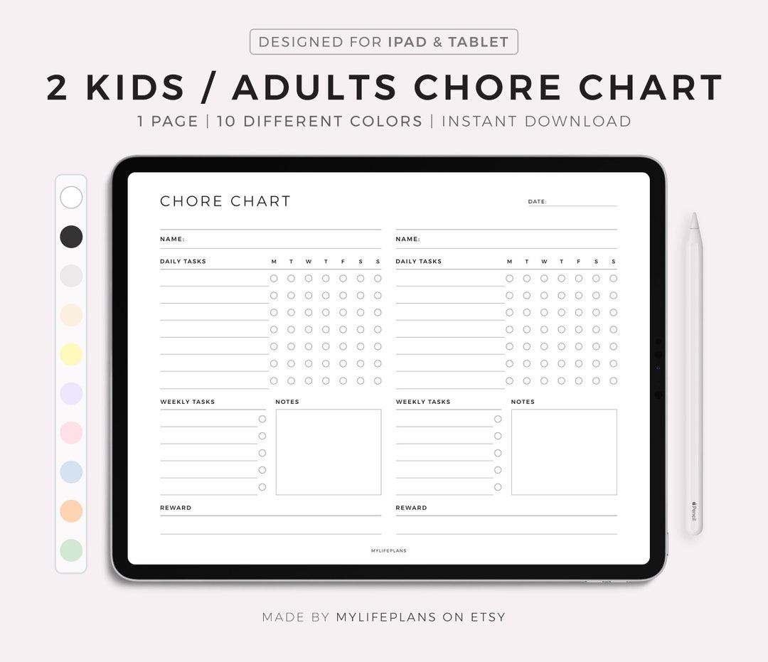 Chore Chart for 2 Kids / Adults Digital Template, Weekly Household ...