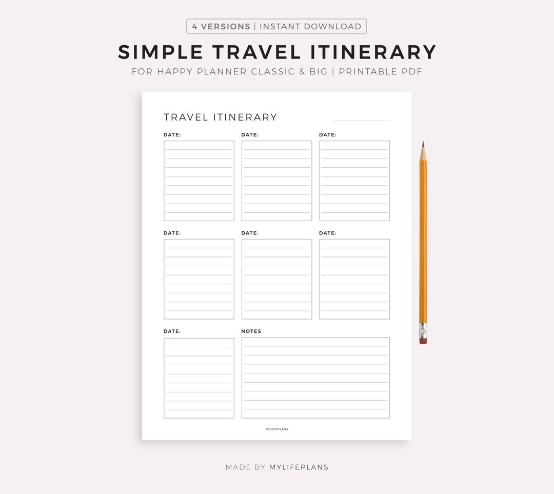 Simple Travel Itinerary, Printable Template for Happy Planner Classic ...
