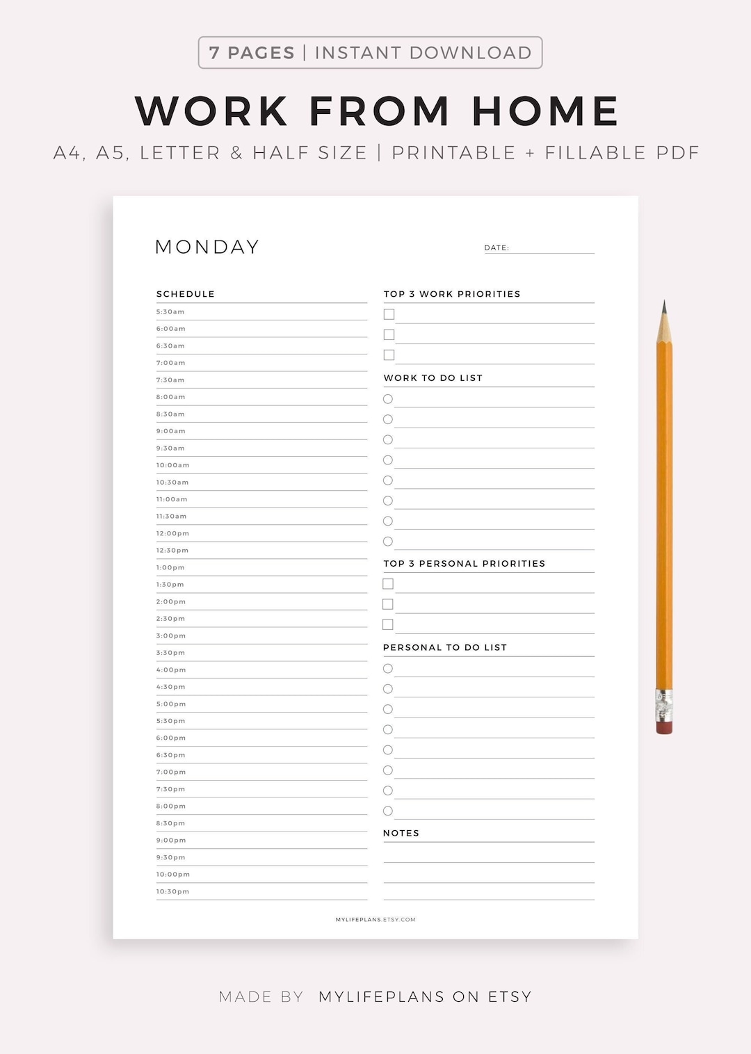 Work From Home Planner, Personal Daily Planner, Daily Hourly Planner ...