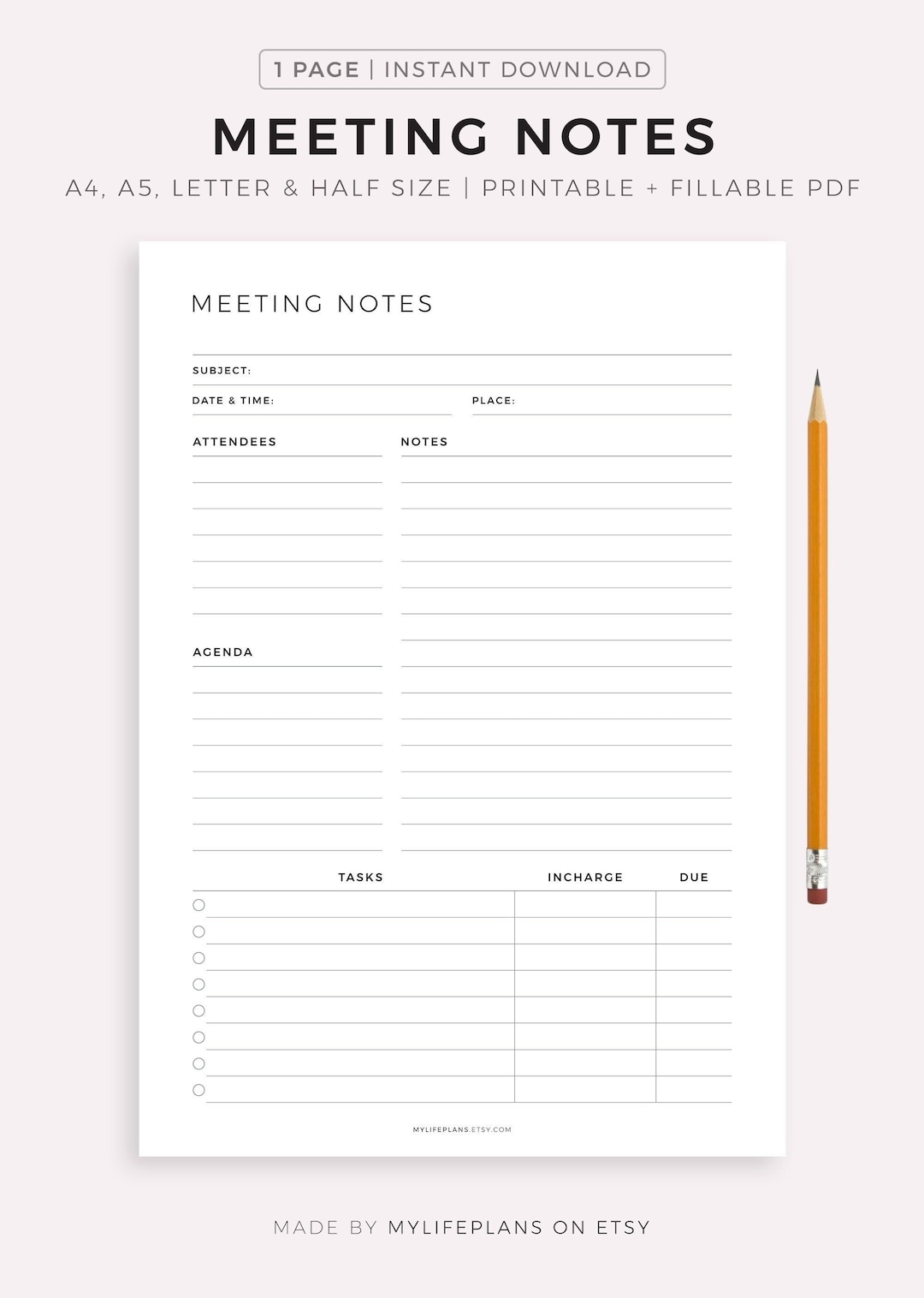 Meeting Notes Template Printable, Meeting Minutes, Meeting Agenda ...