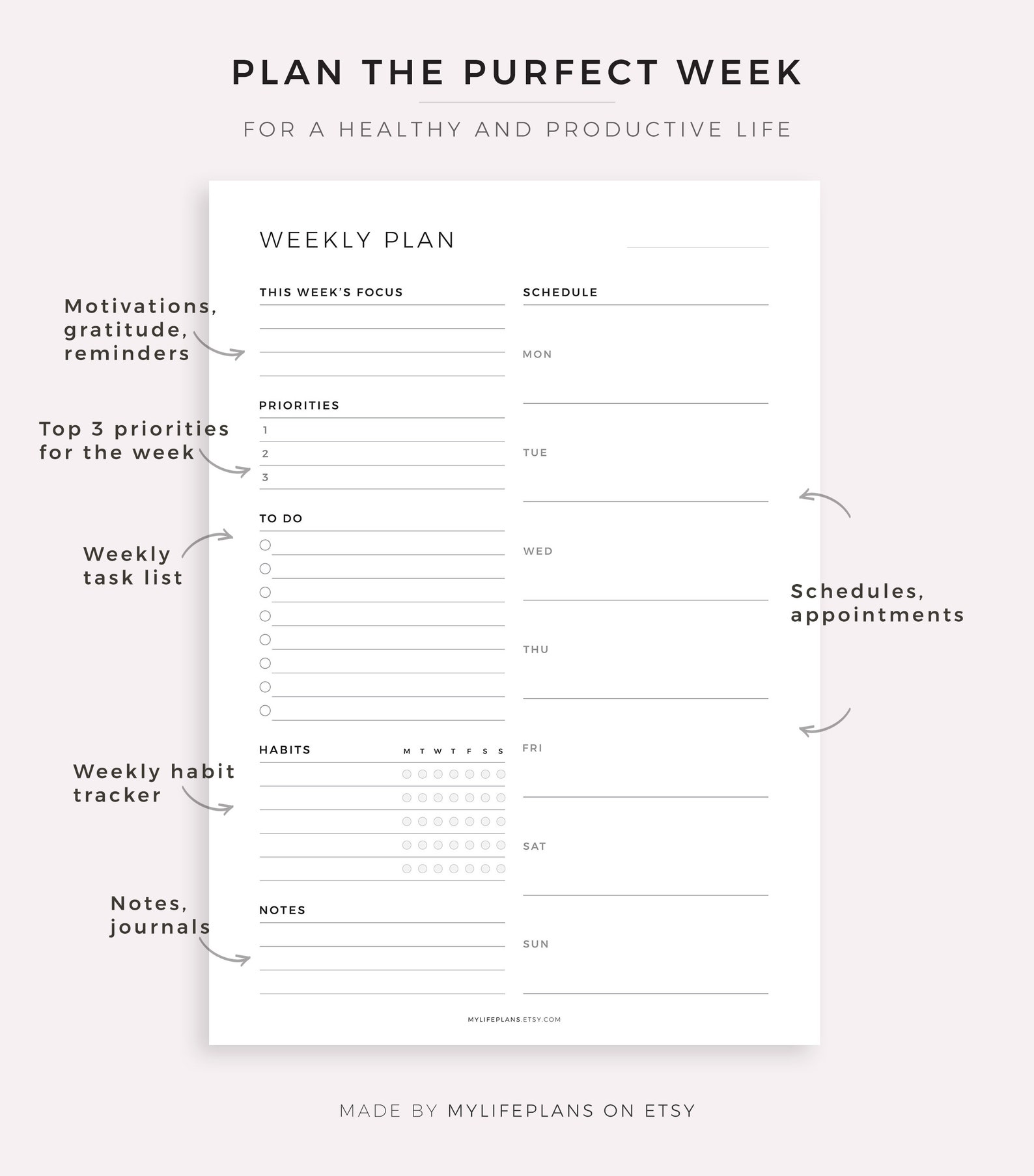 Weekly Planner Printable A5, A4, Letter, Half Size, Weekly Schedule ...