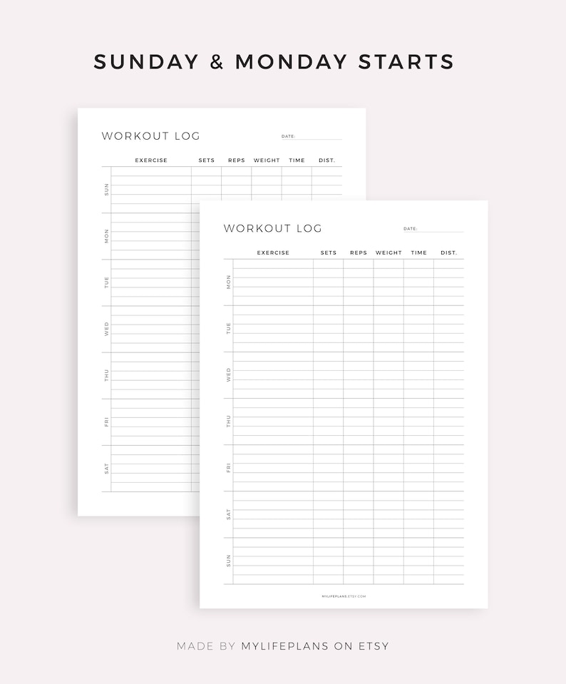 Weekly Workout Log Printable Template, Daily Workout Planner, Exercise ...