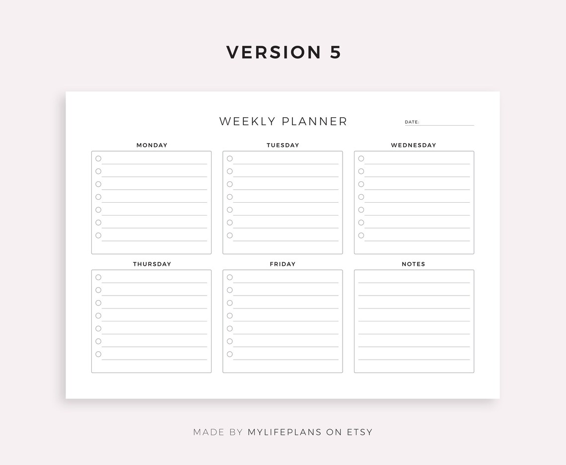 Five Day Weekly Planner Printable to Do List Weekly Schedule - Etsy