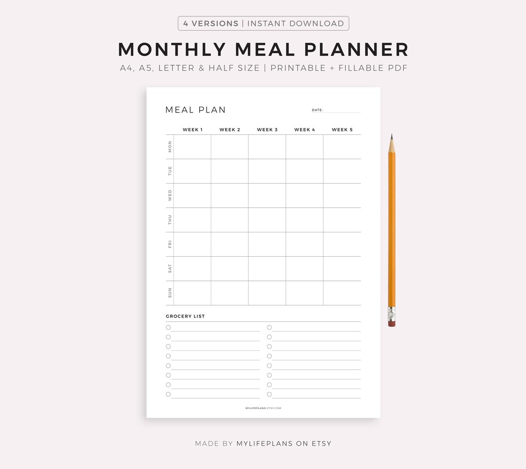 Monthly Meal Planner Printable, 30 Day Menu Planner, Food Planner ...