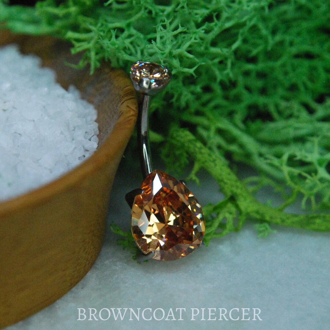 Titanium Champagne CZ Prong Set Double Gem Teardrop Navel Belly Bar ...